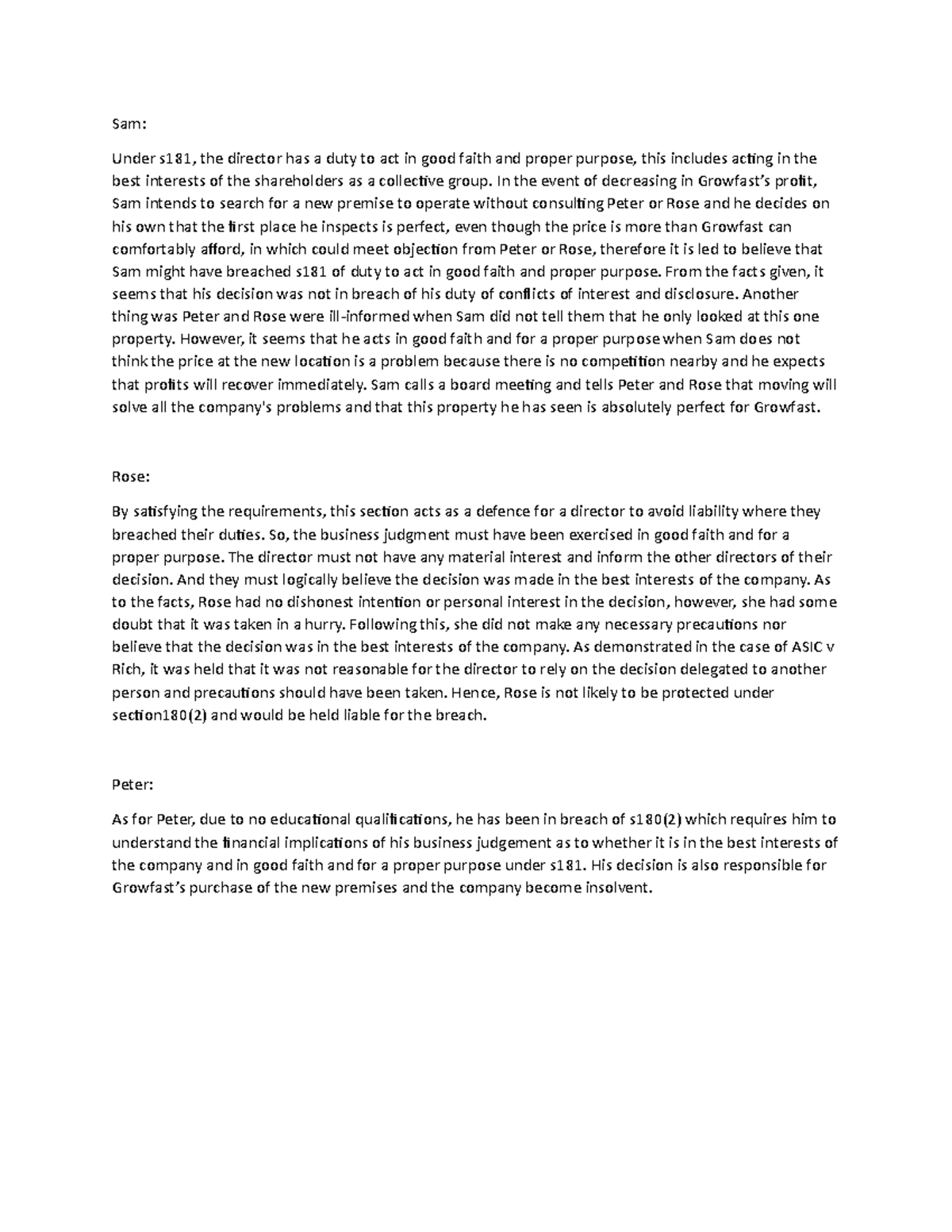 ACCG2051 Tutorial W8 - Sam: Under s181, the director has a duty to act ...