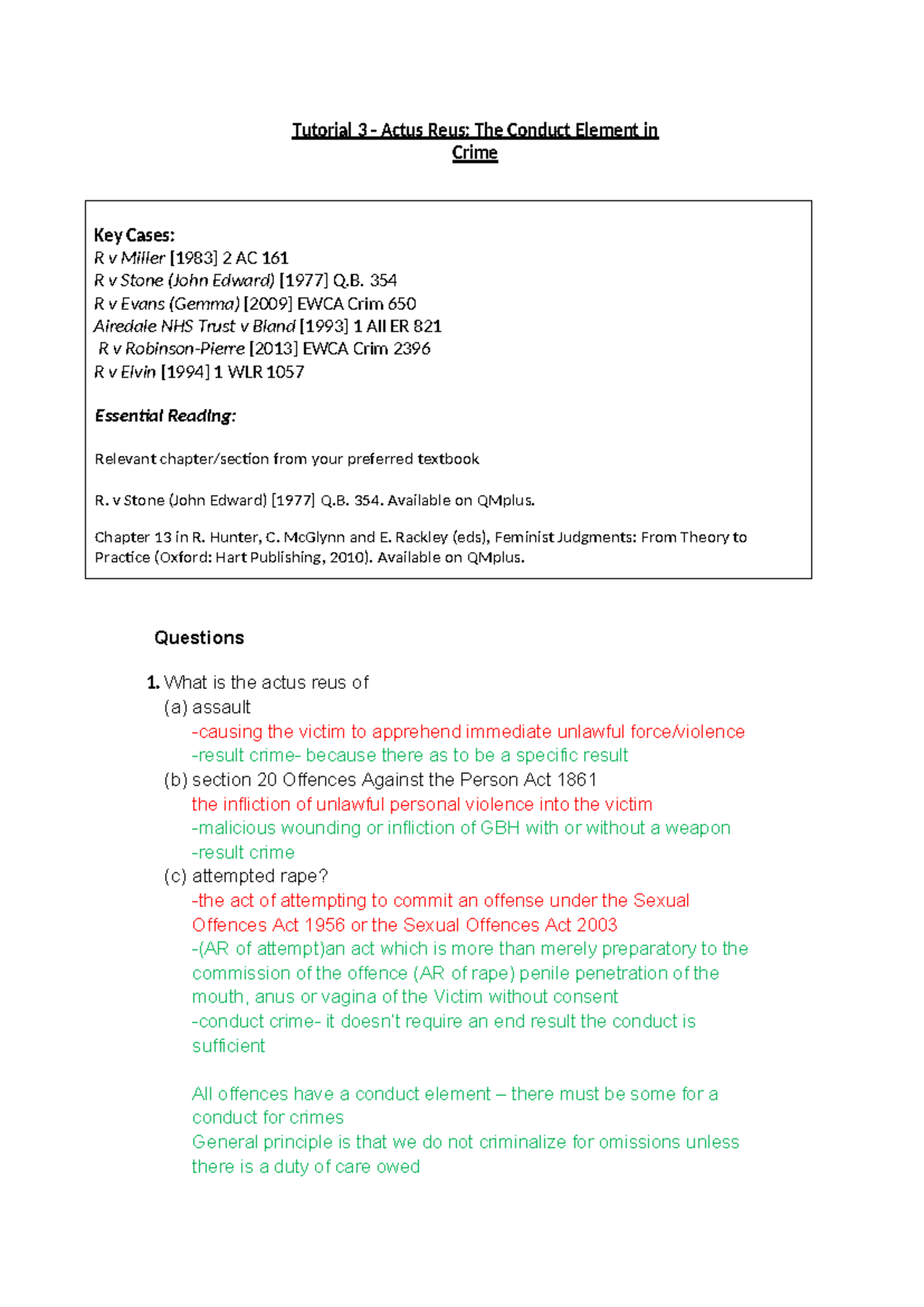 Criminal Law Tutorial 3 - Tutorial 3 - Actus Reus: The Conduct Element ...