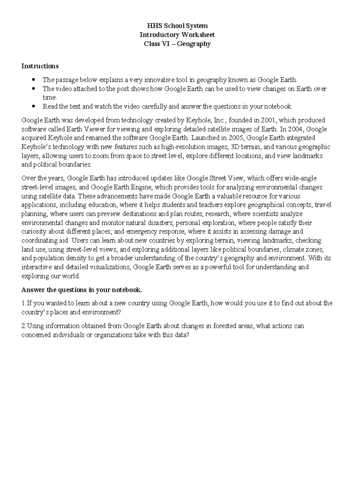 Geography OL VI Worksheet 2 - HHS School System Introductory Worksheet ...