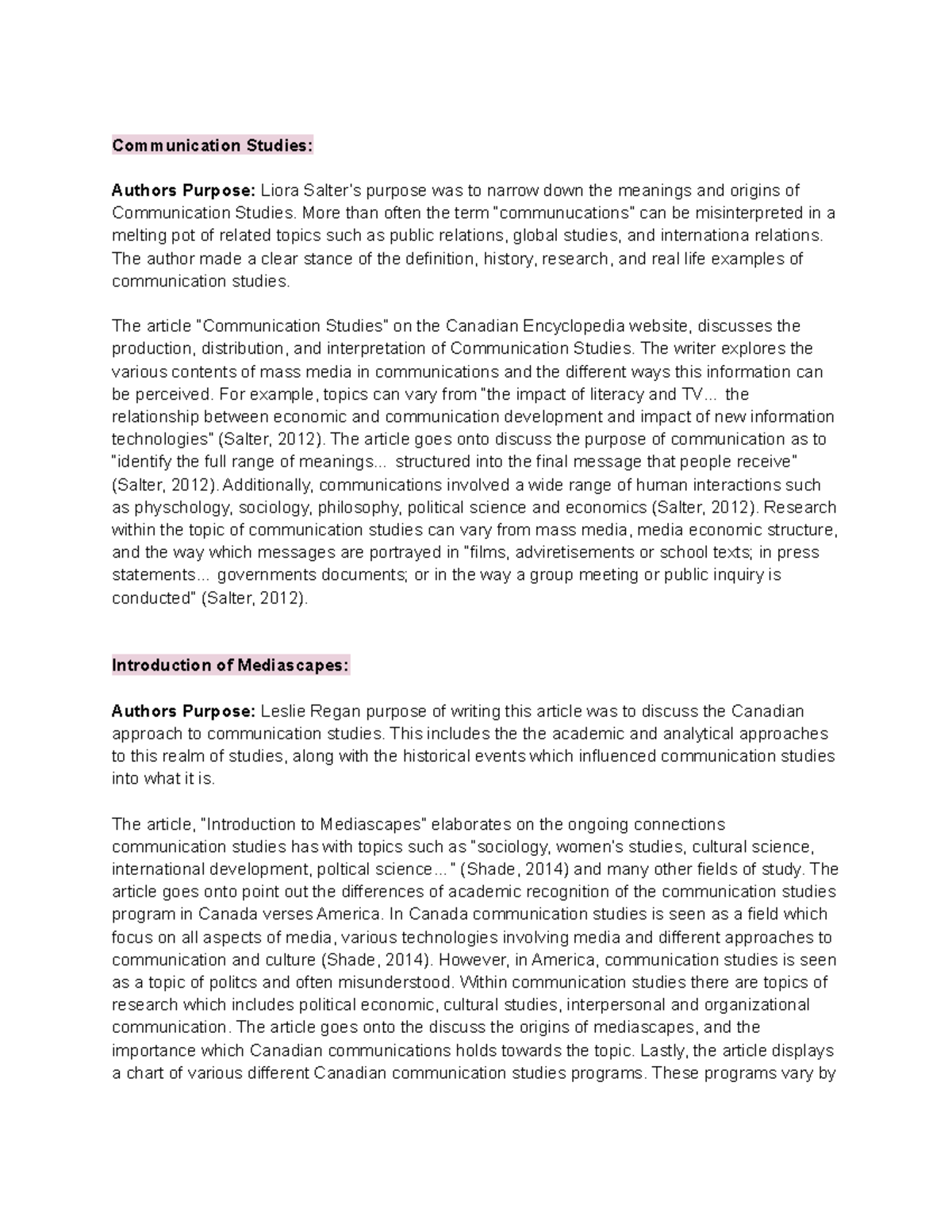 CS101 Reading Responses - Communication Studies: Authors Purpose: Liora Salter’s purpose was to ...