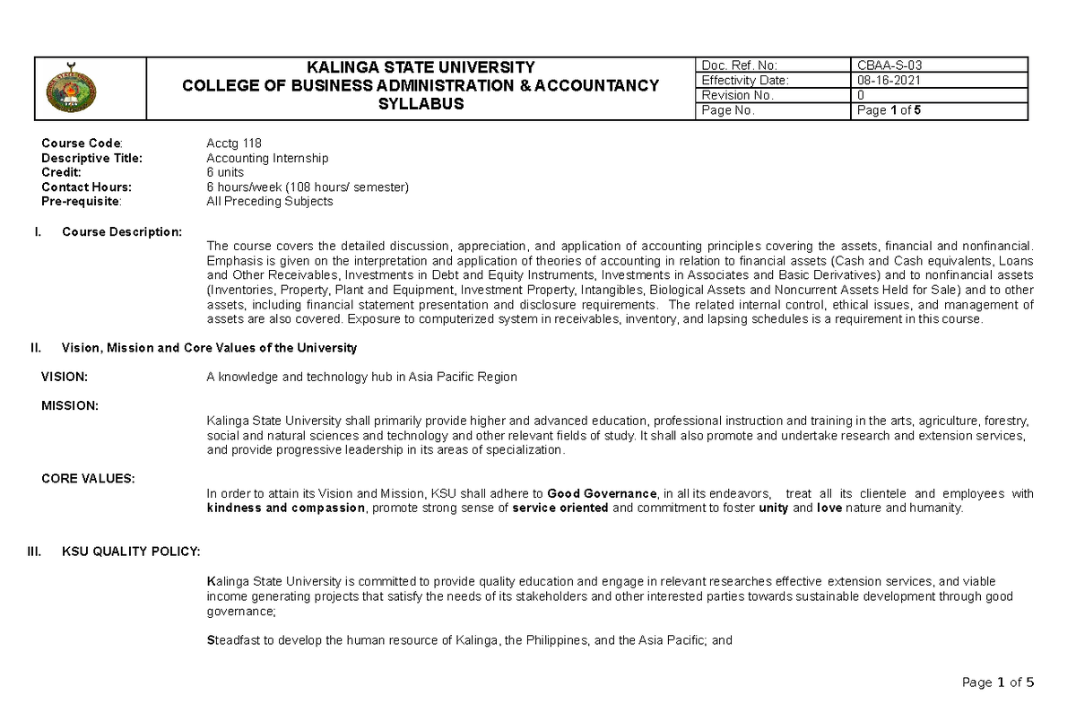 Accounting Internship Syllabus - KALINGA STATE UNIVERSITY COLLEGE OF ...
