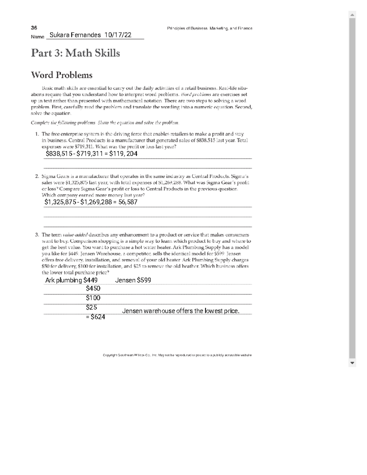 Business math skills - 36 Name Part 3: Math Skills Word Problems ...