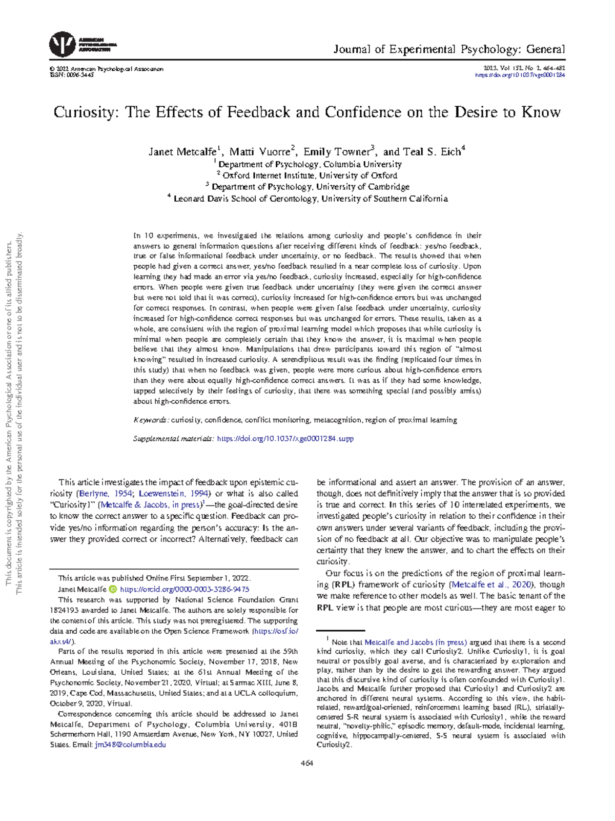 Curiosity effects of feedback and confidence - Curiosity: The Effects ...