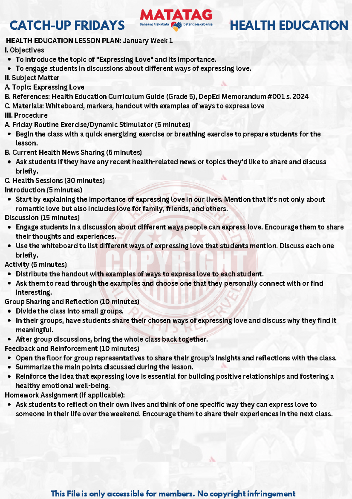 Health Education Grade 5 - HEALTH EDUCATION LESSON PLAN: January Week 1 ...