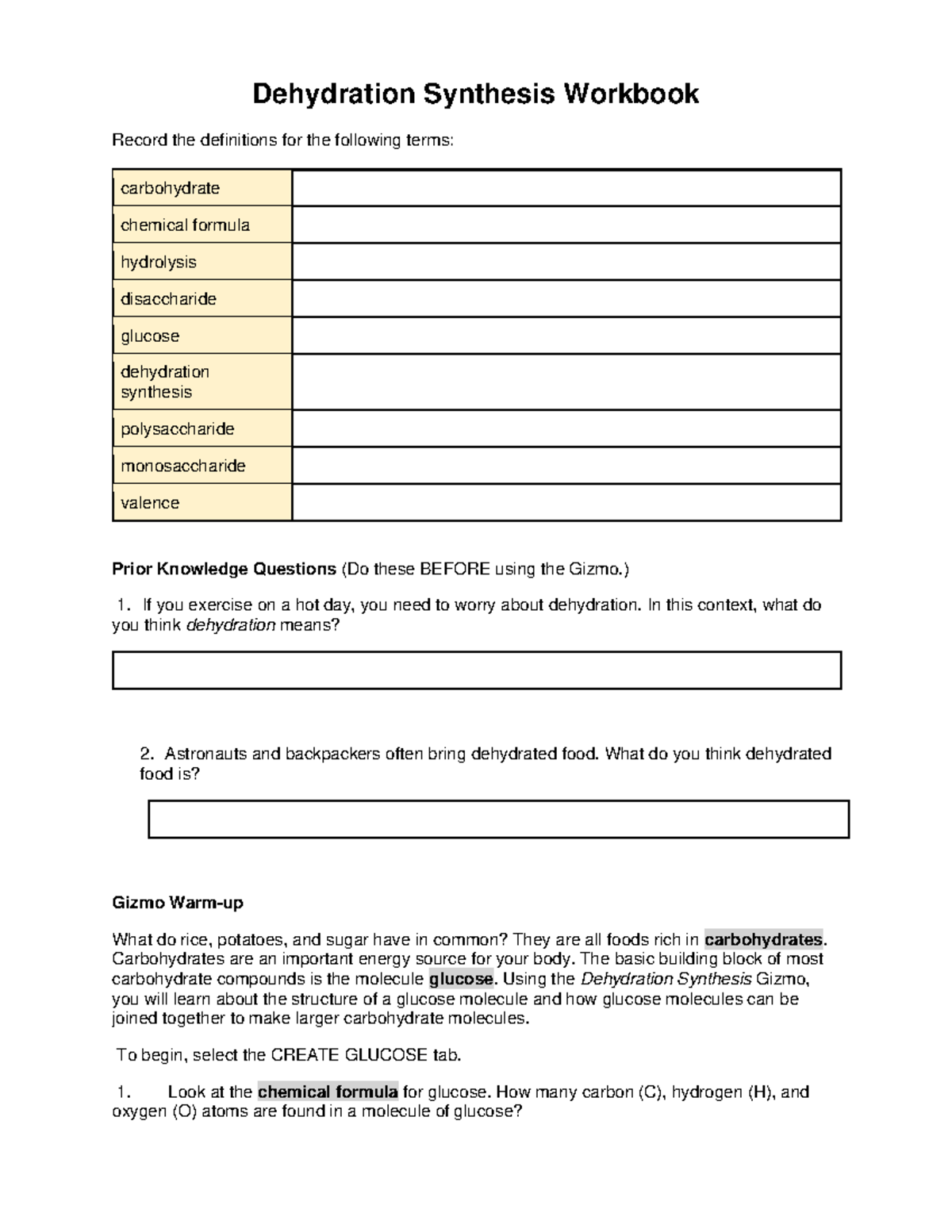 Dehydration Synthesis Workbook 2 - Dehydration Synthesis Workbook ...