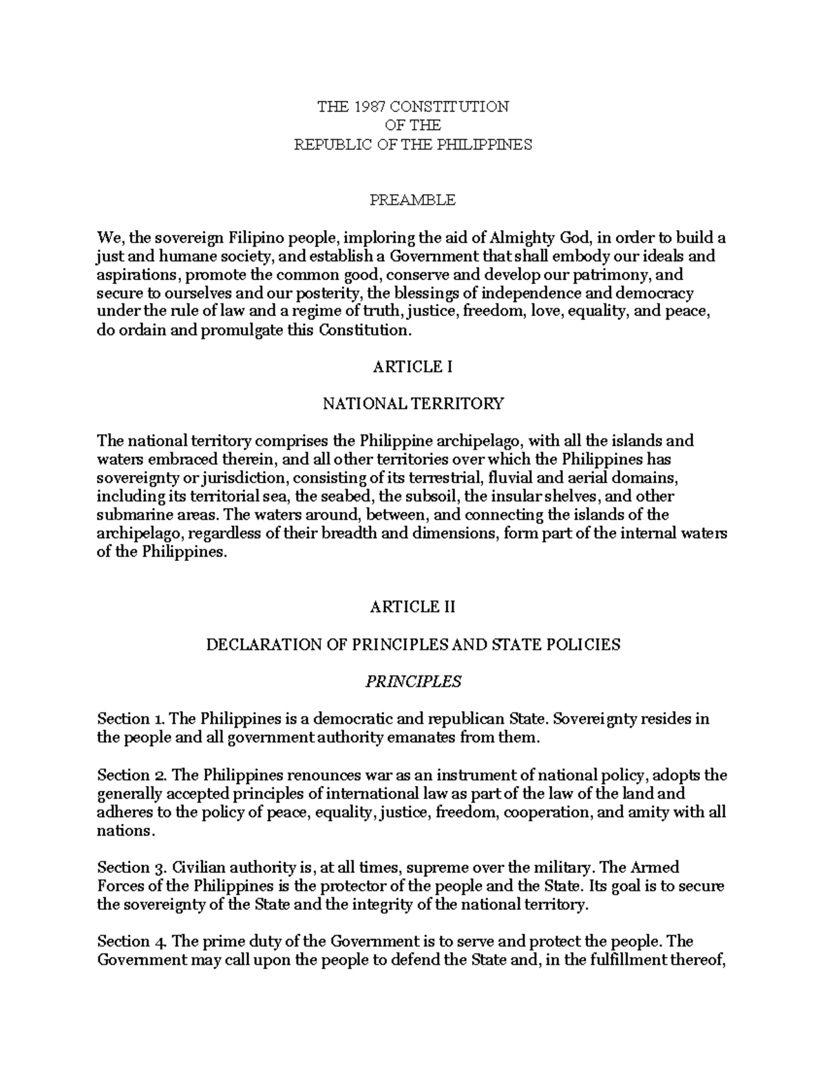 1987 Philippine Constitution - THE 1987 CONSTITUTION OF THE REPUBLIC OF ...