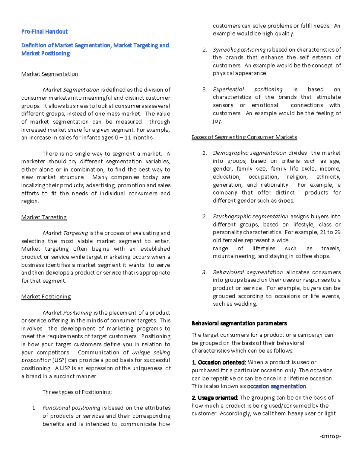 Handout and Notes for Principles of Marketing -cmnsp- Pre-Final Handout ...