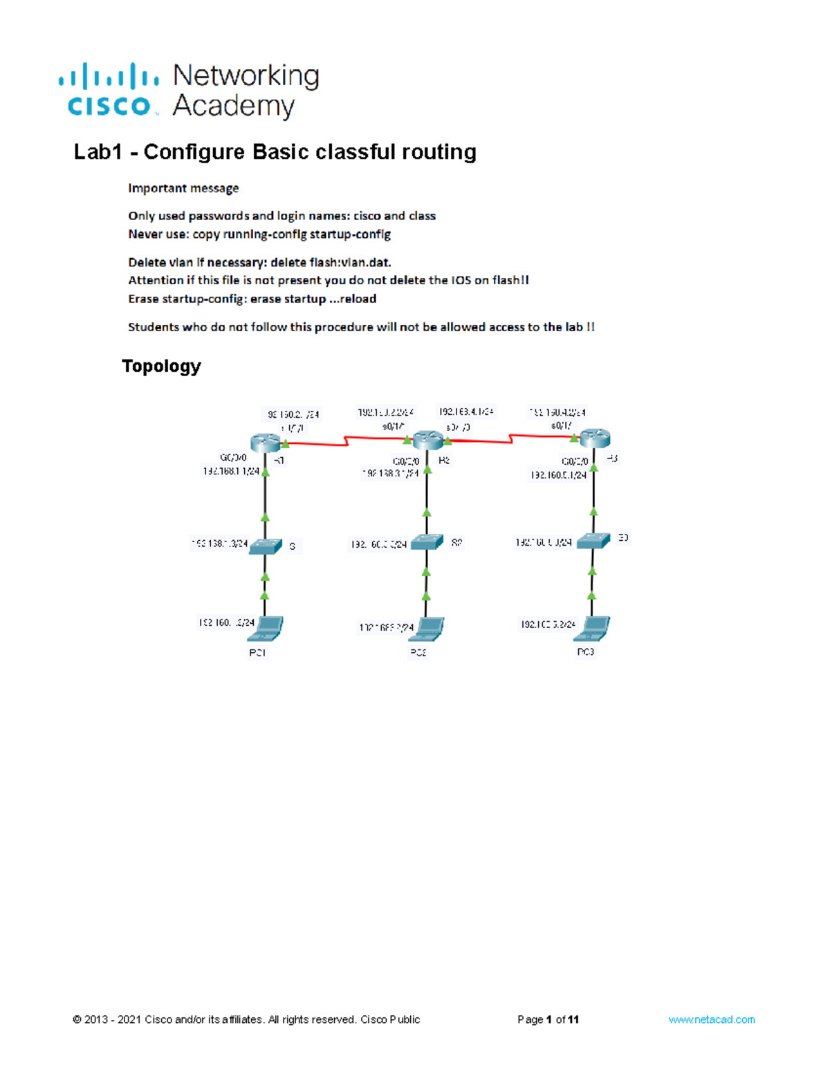 Lab1 - Configure Basic classfull routing - Topology Addressing Table Objectives Part 1: Set Up ...