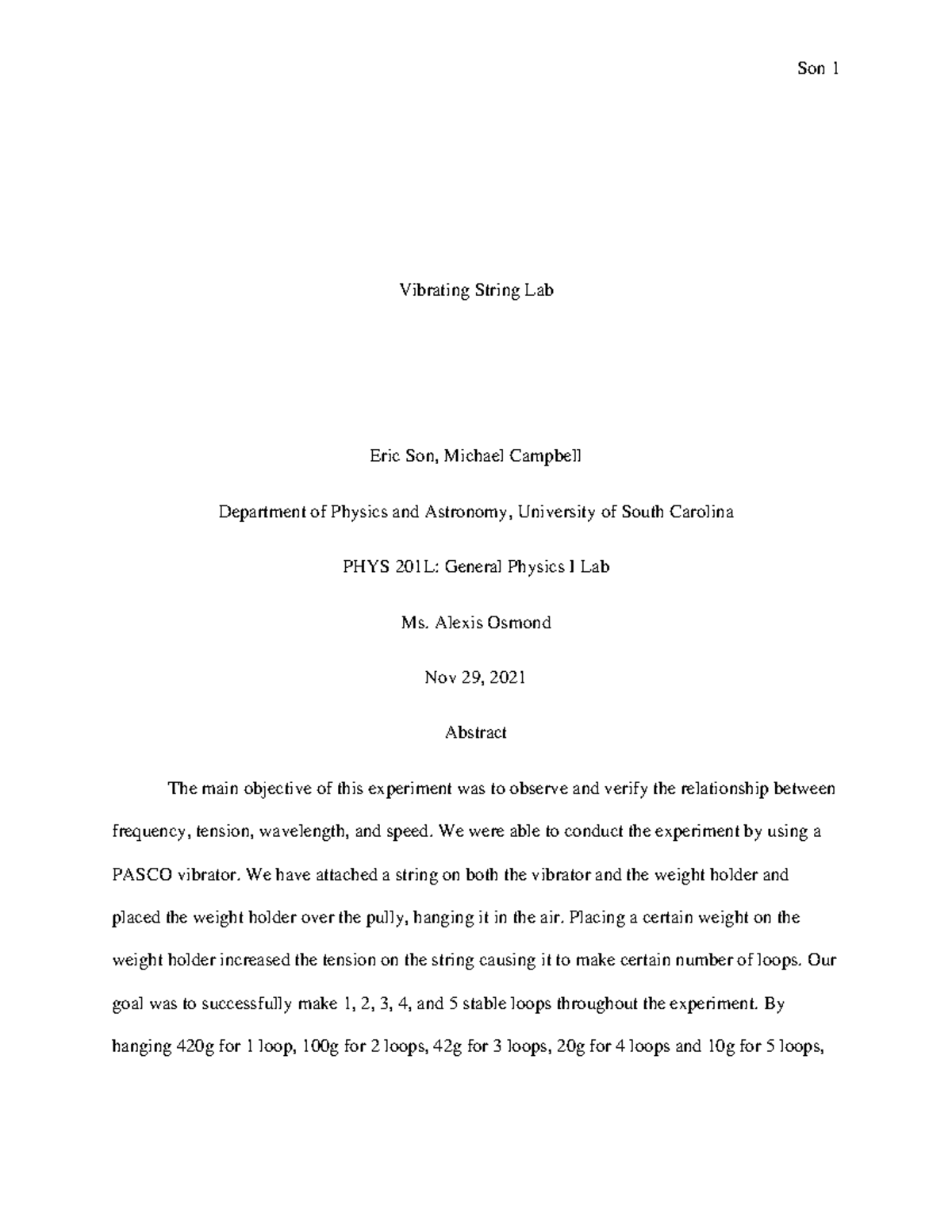 Vibrating string lab report with graphs and question - Vibrating String Lab Eric Son, Michael ...