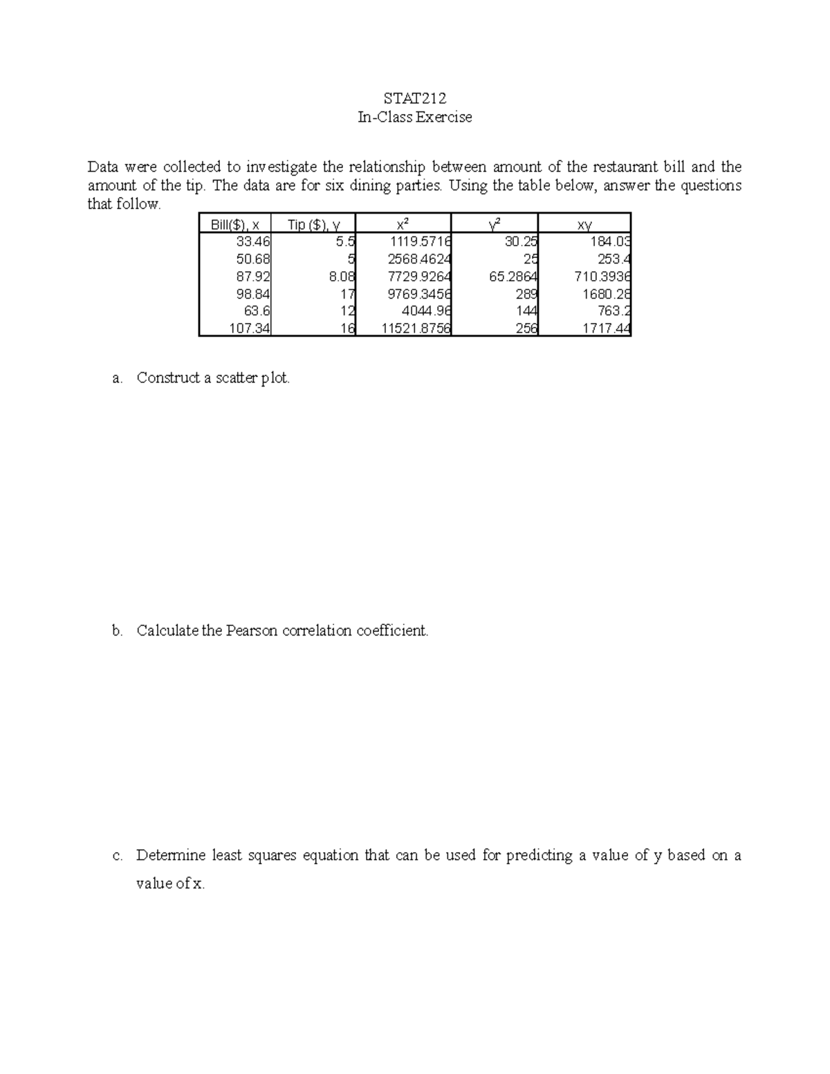 Seminar Assignments Exercise Correlation And Regression Stat In Class Exercise Data Were