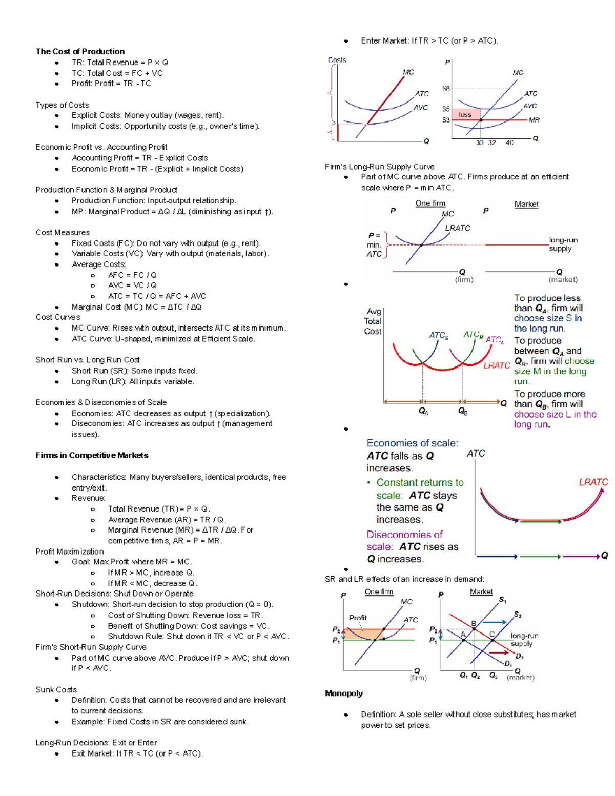 Micro Midterm 2 cheatsheet - The Cost of Production TR: Total Revenue ...