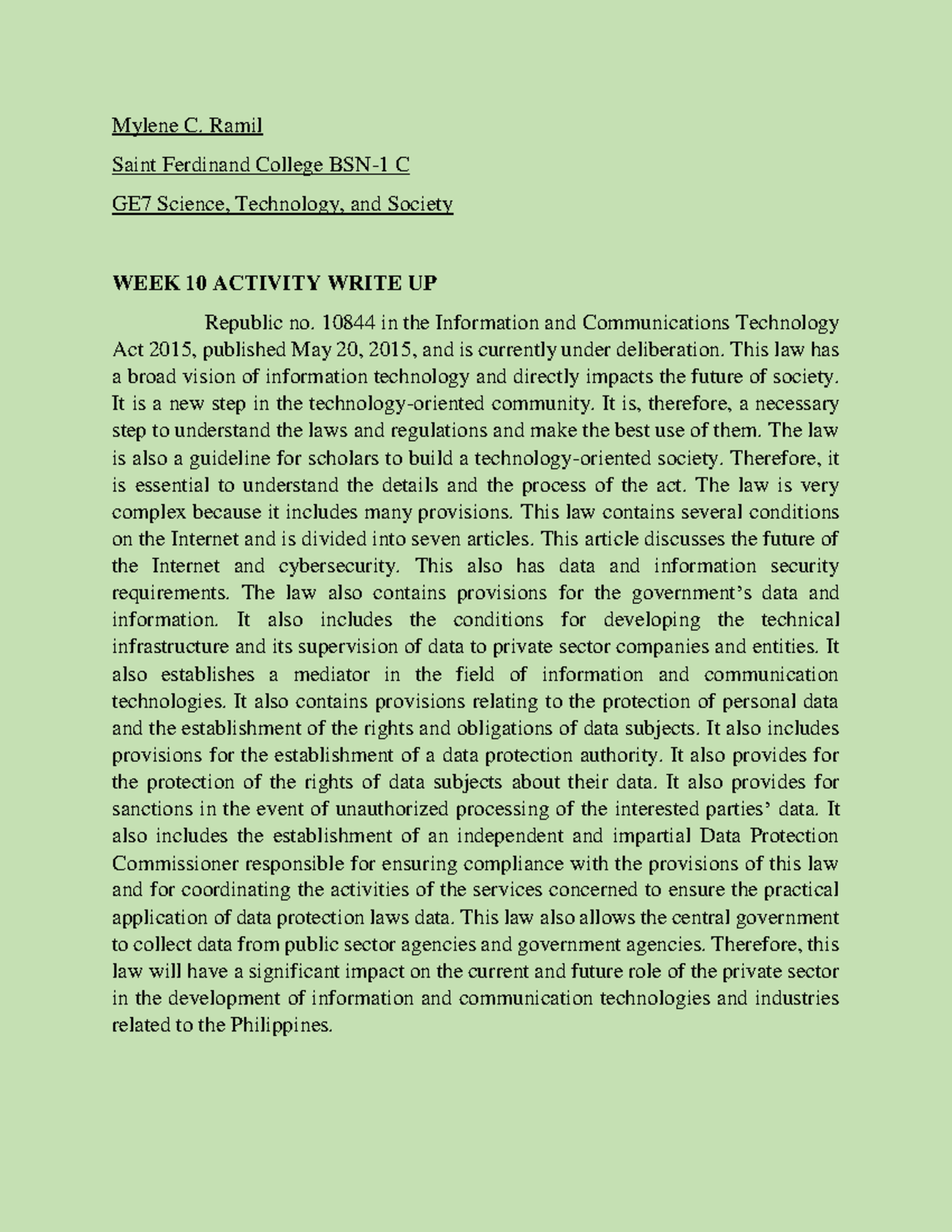 GE7 STS W10 Activity - This document is an assignment in the course GE7 Science, Technology, and ...