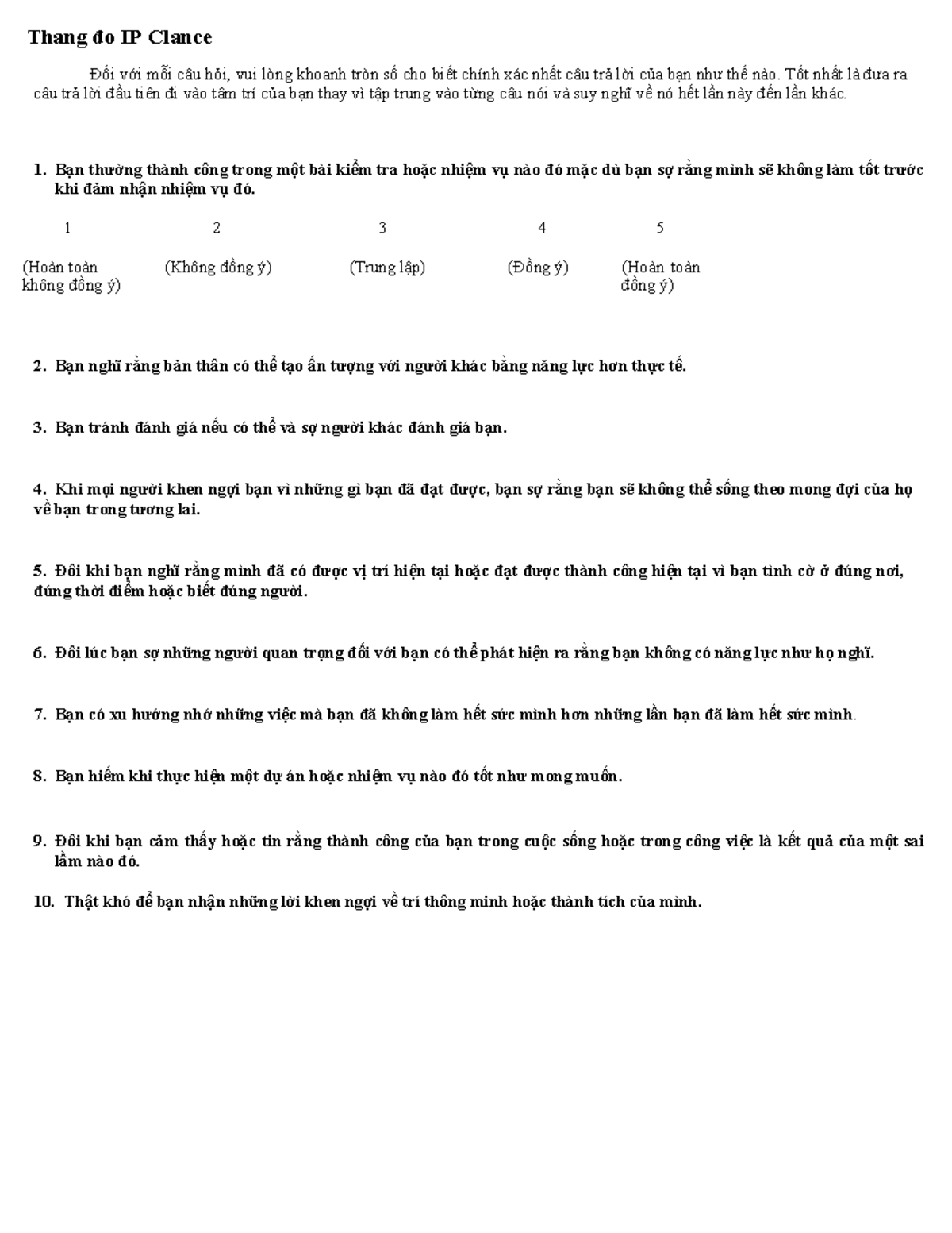 Thang đo IP Clance - Thang đo IP Clance Đối với mỗi câu hỏi, vui lòng ...
