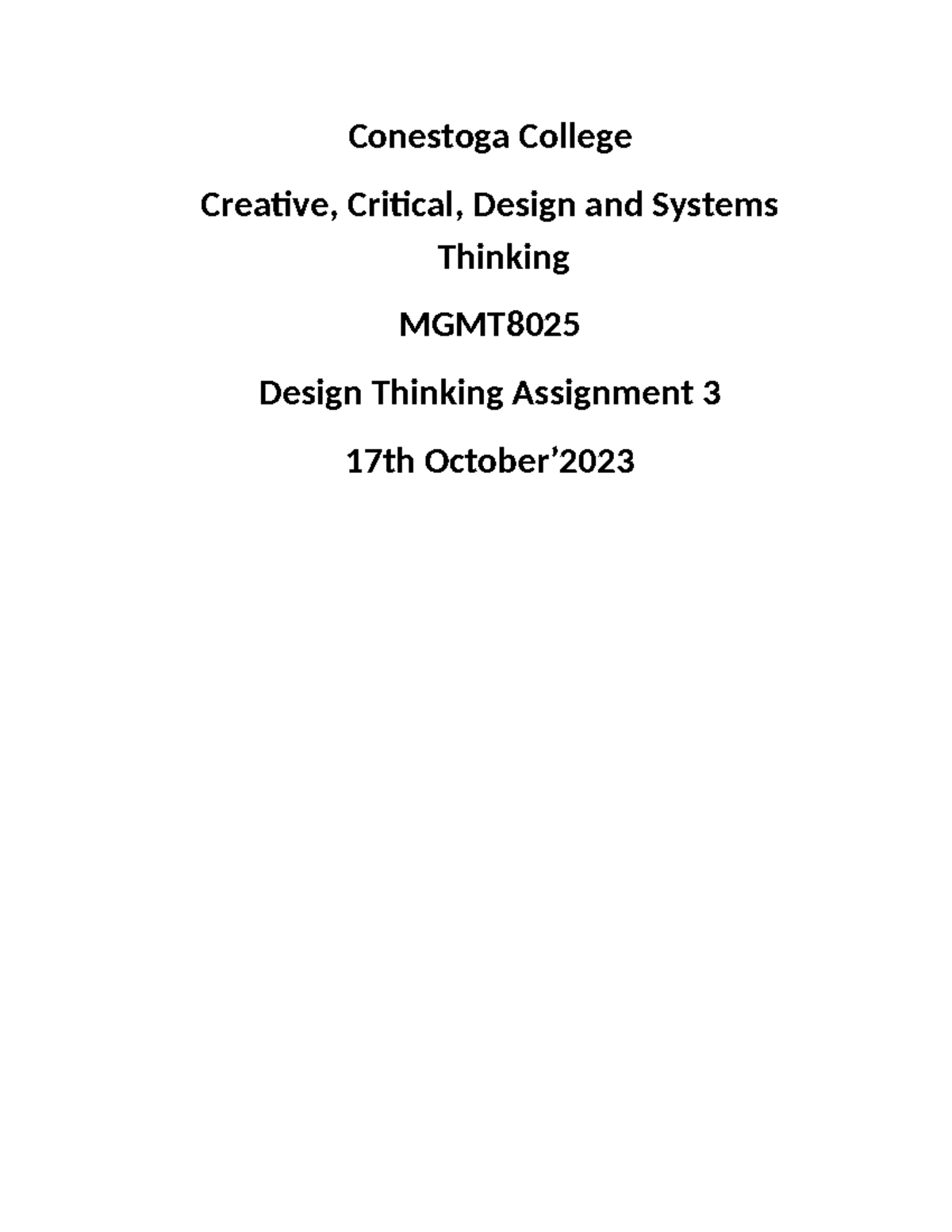 Design Thinking Assignment-3 - Conestoga College Creative, Critical ...