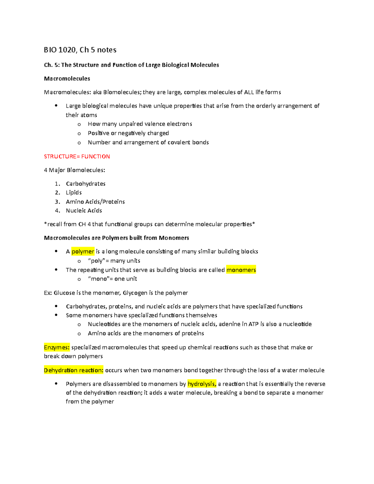 BIO 1020 Ch 5 notes - Dr. Meghan Kelley - BIO 1020, Ch 5 notes Ch. 5 ...