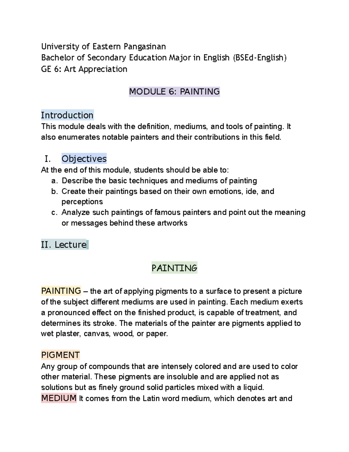 GE 6 ART Appreciation Module 6 Painting - University of Eastern ...