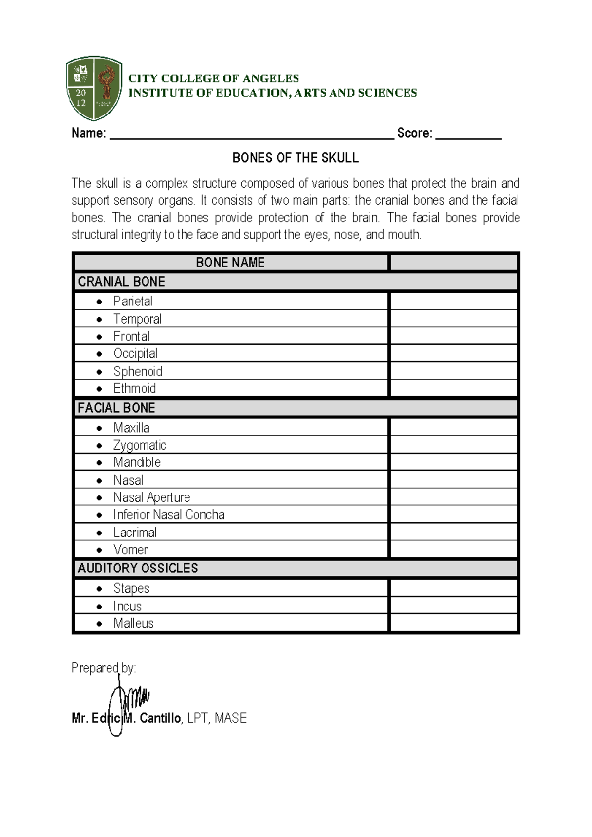 Bone Naming - CITY COLLEGE OF ANGELES INSTITUTE OF EDUCATION, ARTS AND ...