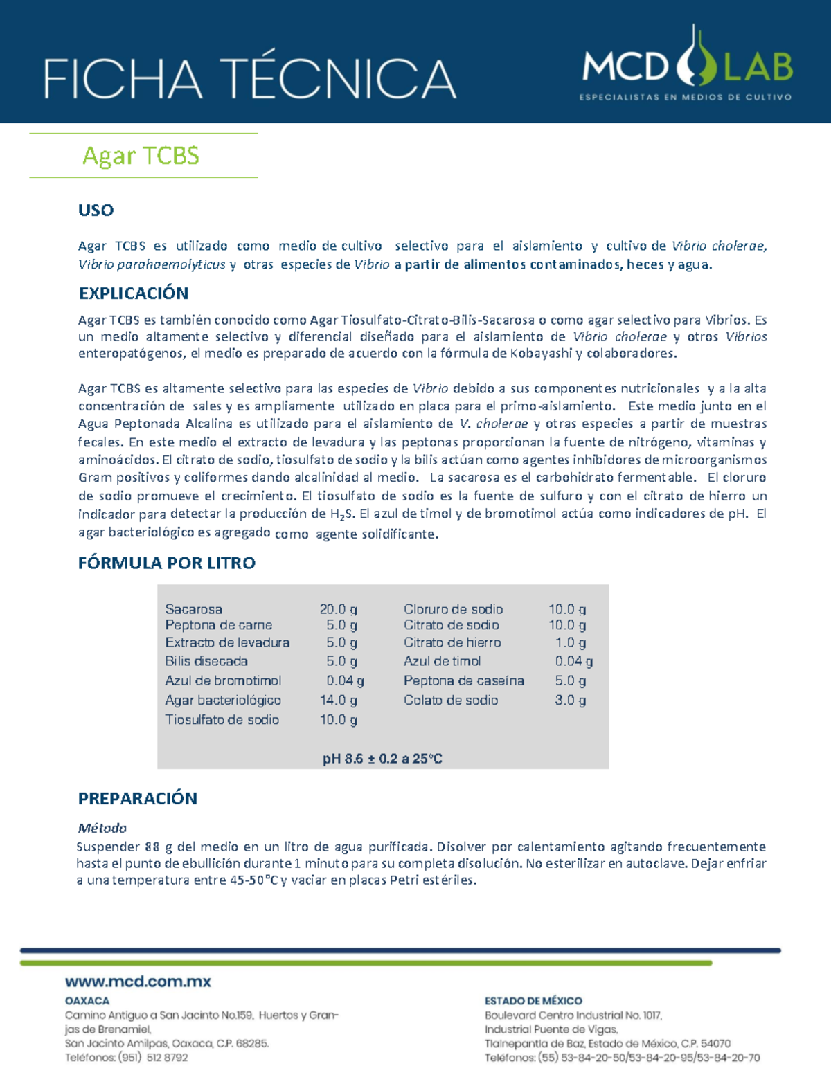 FT Agar TCBS - Medio de cultivo Agar TCBS - Especialistas en medios de cultivo Agar TCBS USO ...