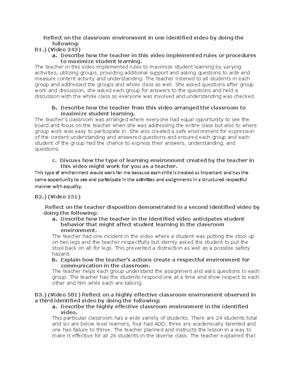 Classroom Environment Reflection - Studocu
