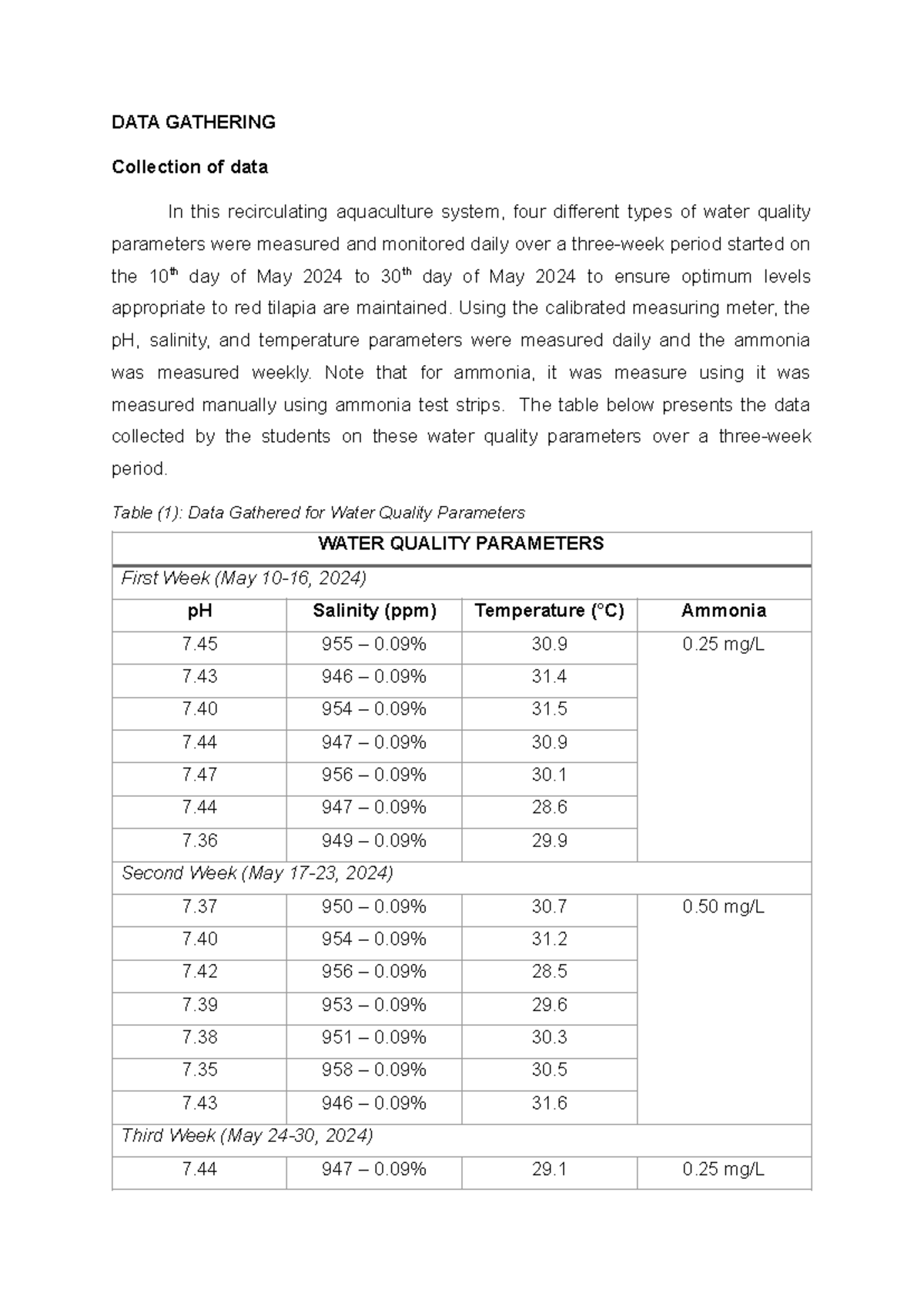 4 - about water quality - DATA GATHERING Collection of data In this ...