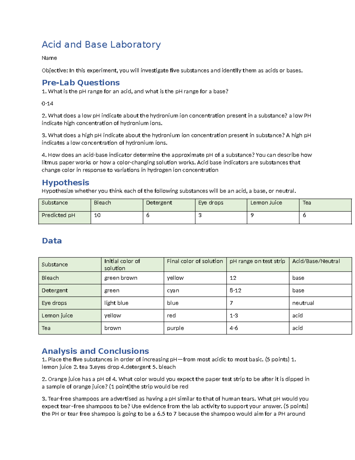Worksheet acid base lab - Acid and Base Laboratory Name Objective: In ...