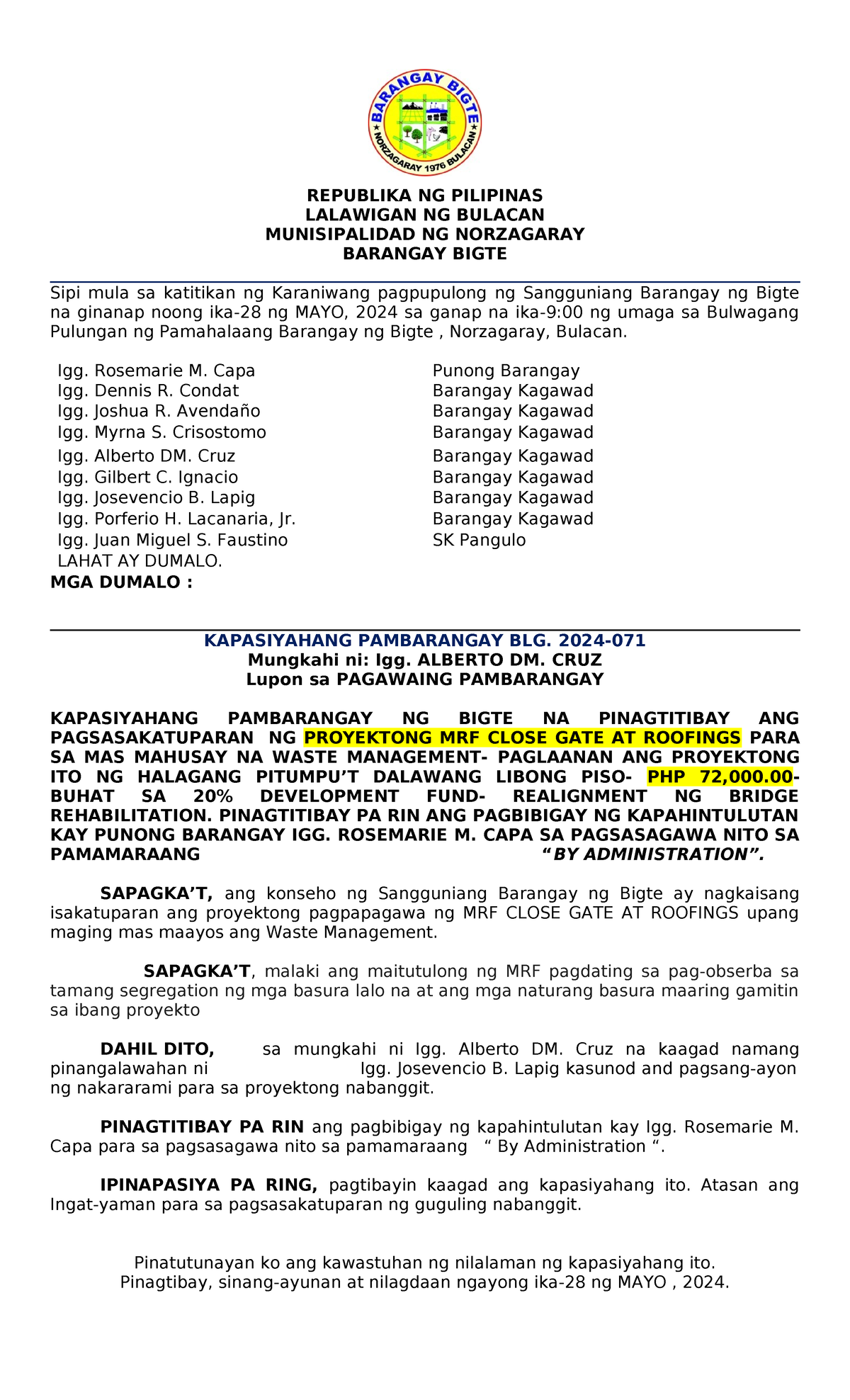 Reso 2024-071 Close GATE AND ROOF MRF - REPUBLIKA NG PILIPINAS ...
