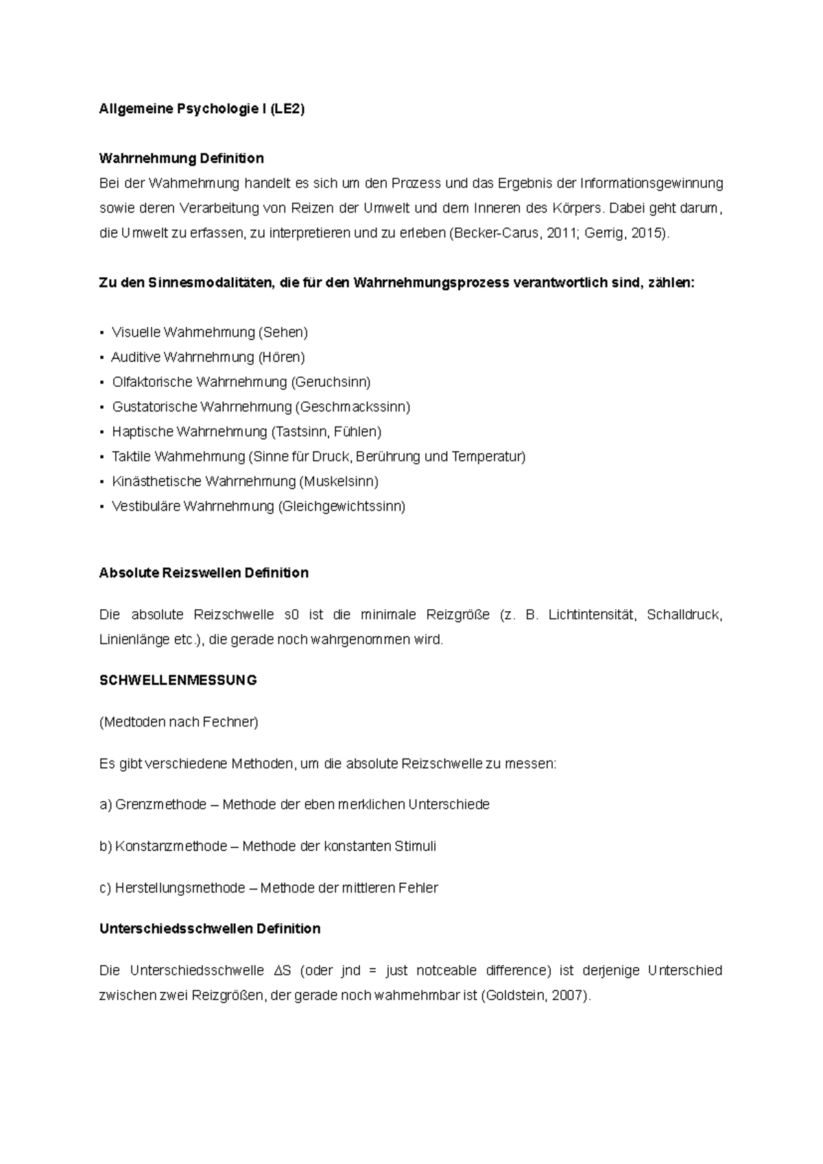 Allgemeine Psychologie I Wahrnehmung - Allgemeine Psychologie I (LE2) Wahrnehmung Definition Bei ...