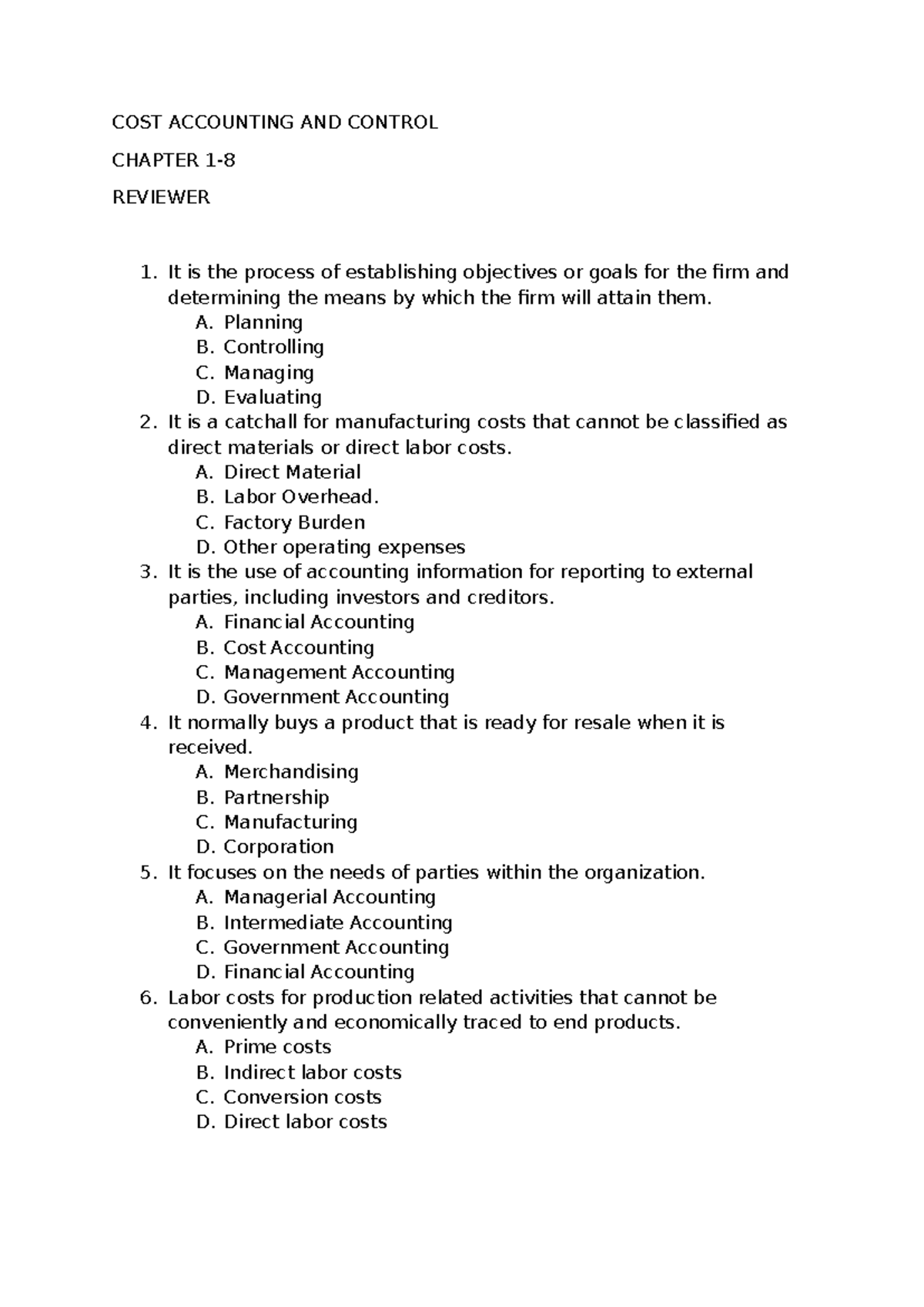 Document - COST ACCOUNTING AND CONTROL CHAPTER 1- REVIEWER It is the ...