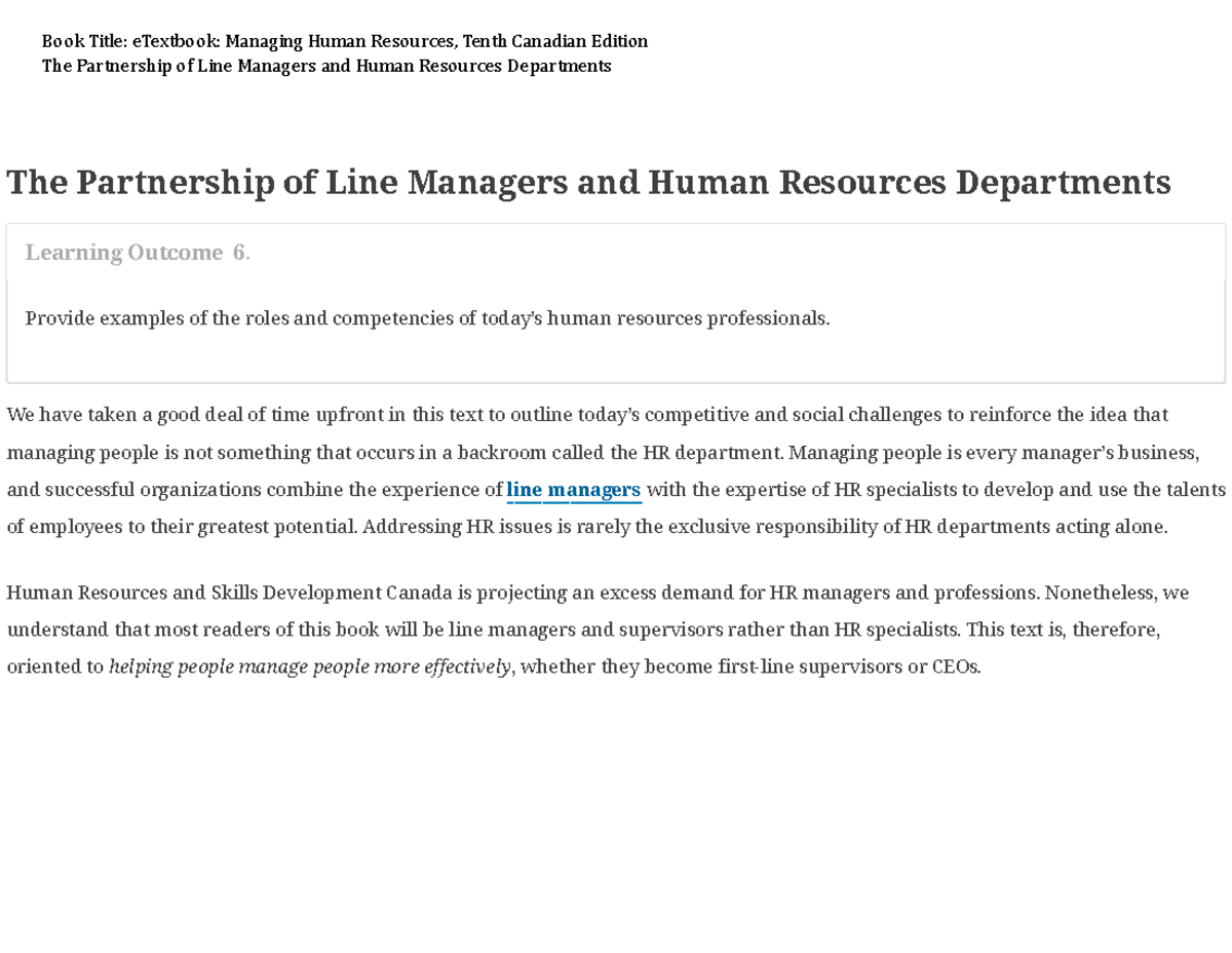 1.11 The Partnership of Line Managers and Human Resources Departments ...