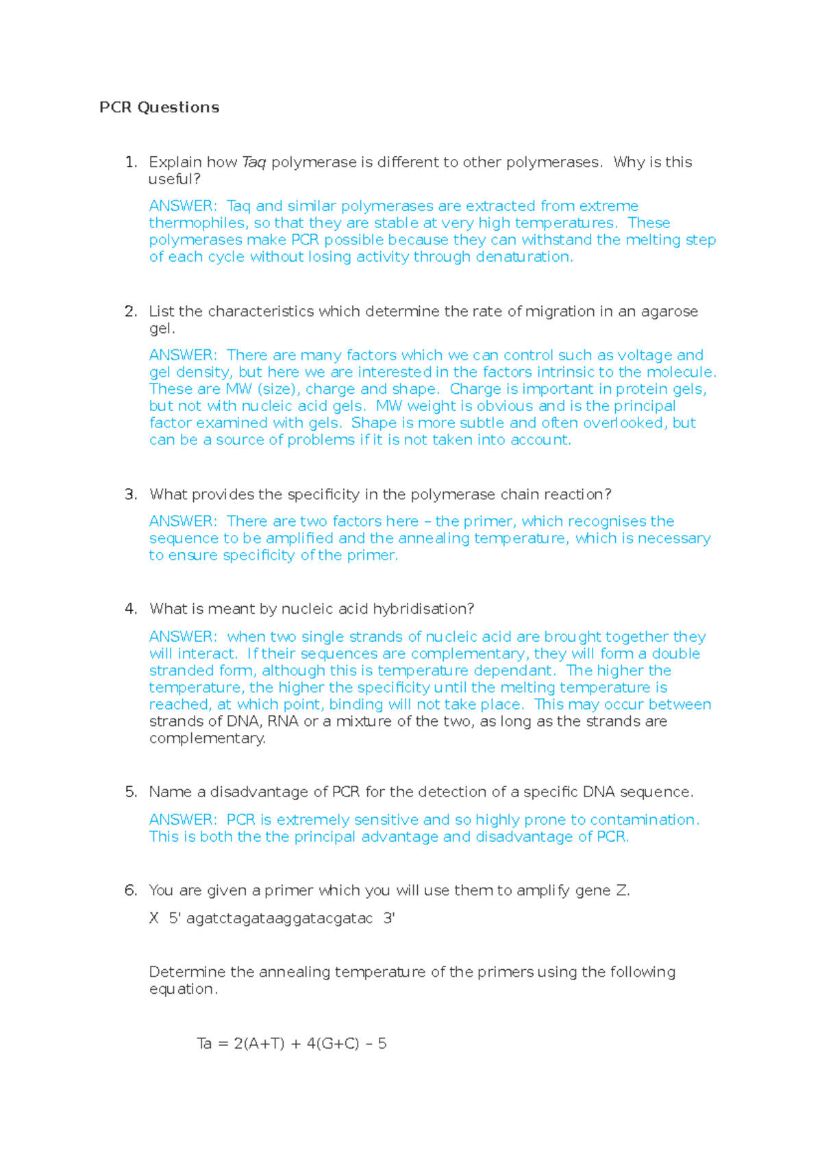 2-PCR Questions - good info - PCR Questions Explain how Taq polymerase ...