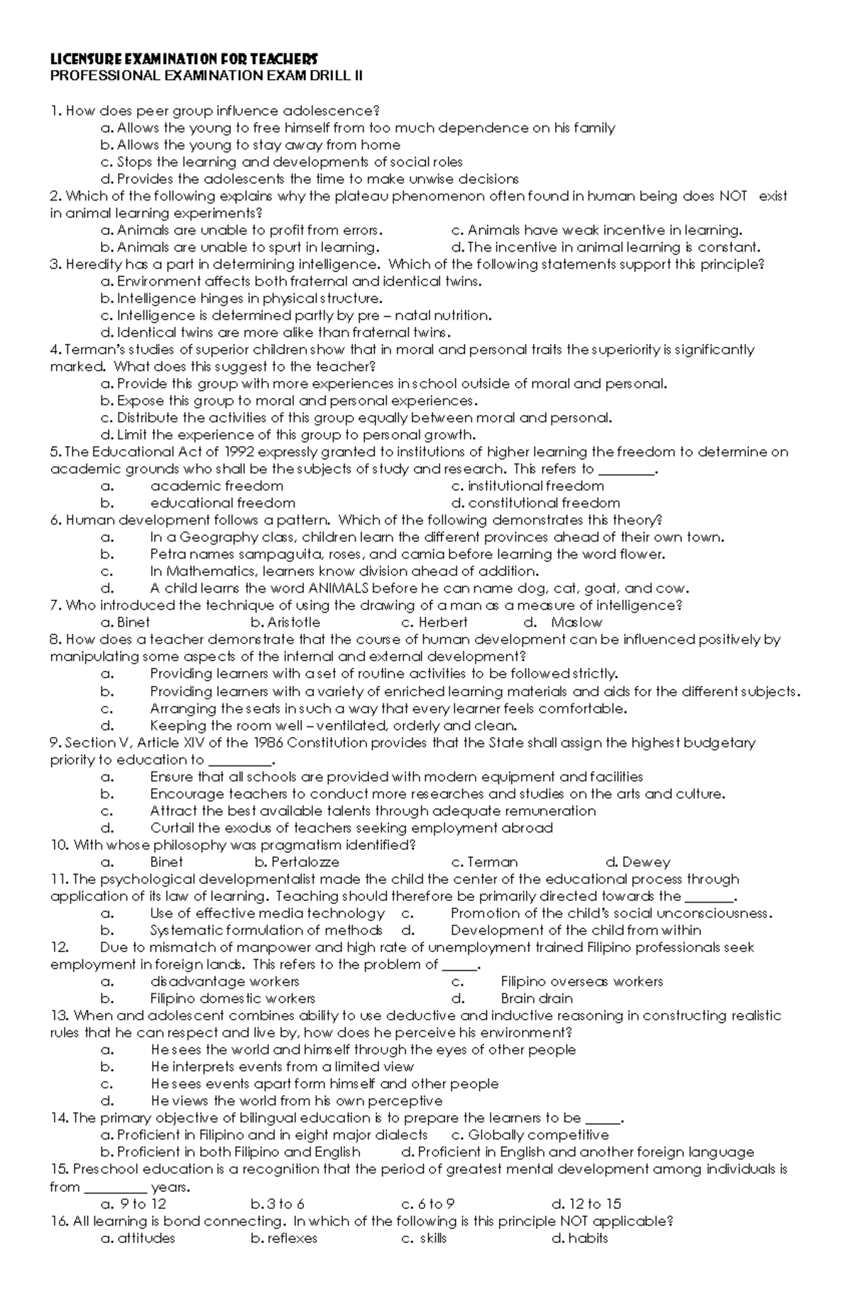 LICENSURE EXAMINATION FOR TEACHERS PRACTICE TEST - LICENSURE ...
