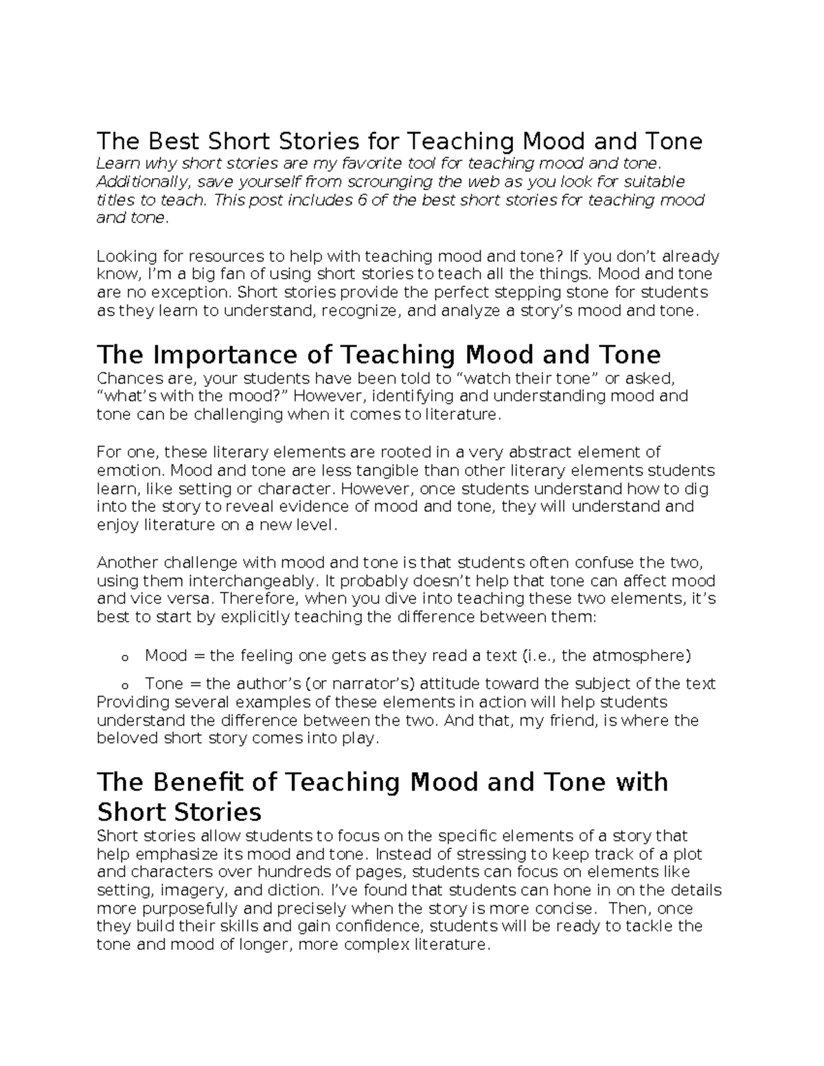 Teaching Tone and Mood - English lessons - The Best Short Stories for ...