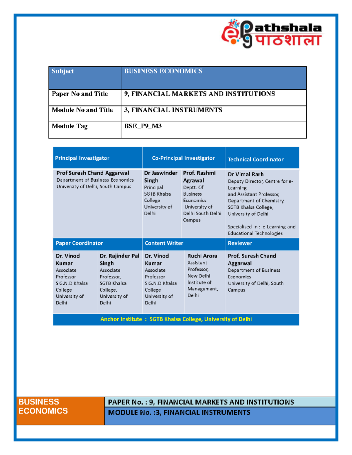 FINANCIAL INSTRUMENTS - BUSINESS ECONOMICS PAPER No. : 9, FINANCIAL ...