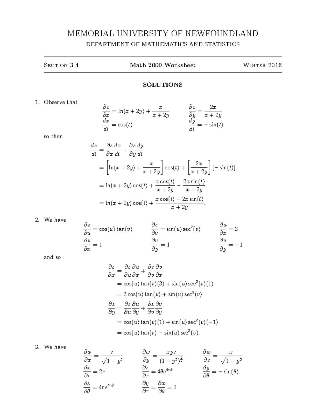 Solutions worksheet 3-4 - MEMORIAL UNIVERSITY OF NEWFOUNDLAND ...