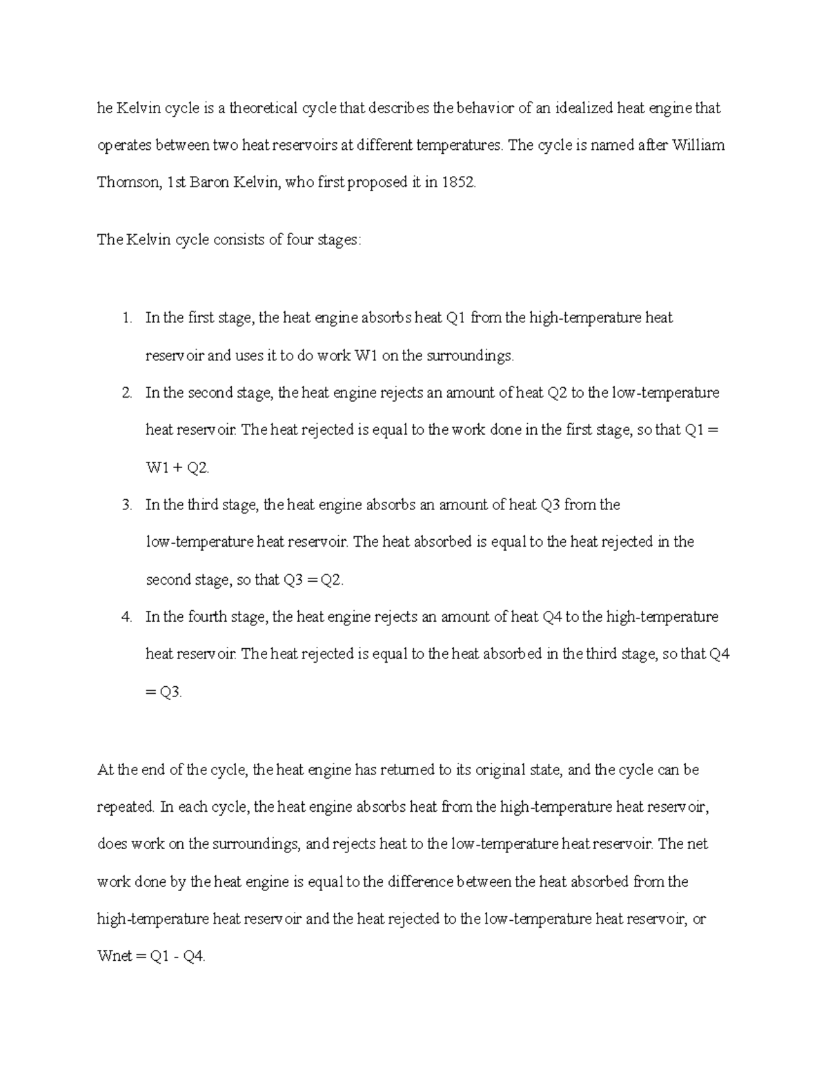 Kelvin Cycle Lecture Notes - he Kelvin cycle is a theoretical cycle ...