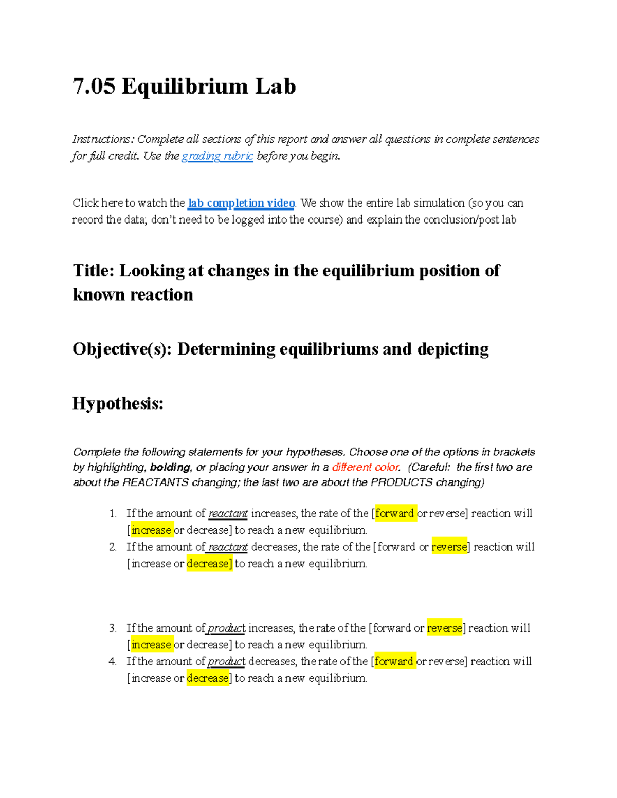 7.05 Equilibrium Template - 7 Equilibrium Lab Instructions: Complete ...
