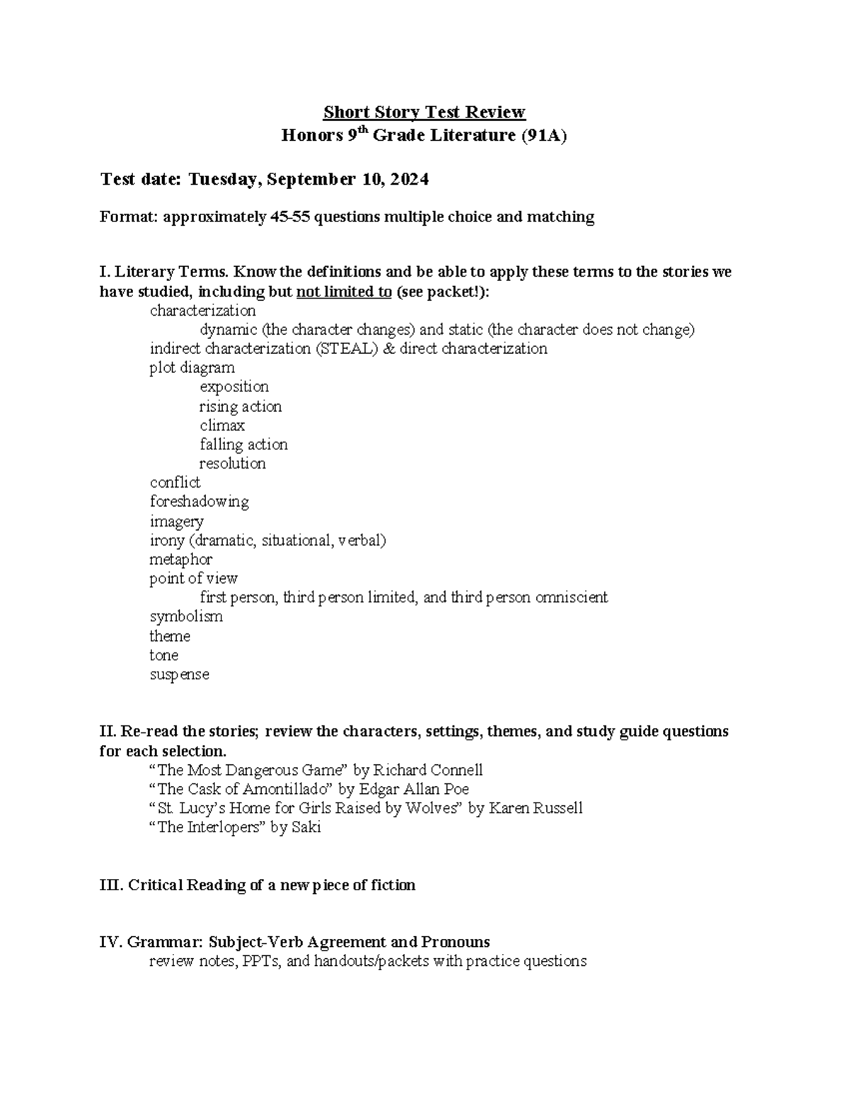 Short Story Test Review 91A 2 - Short Story Test Review Honors 9th ...