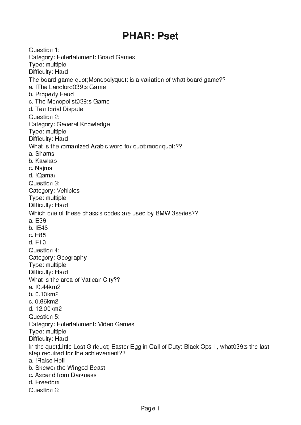 PHAR125-HW-2 - PHAR: Pset Question 1: Category: Entertainment: Board Games Type: multiple - Studocu