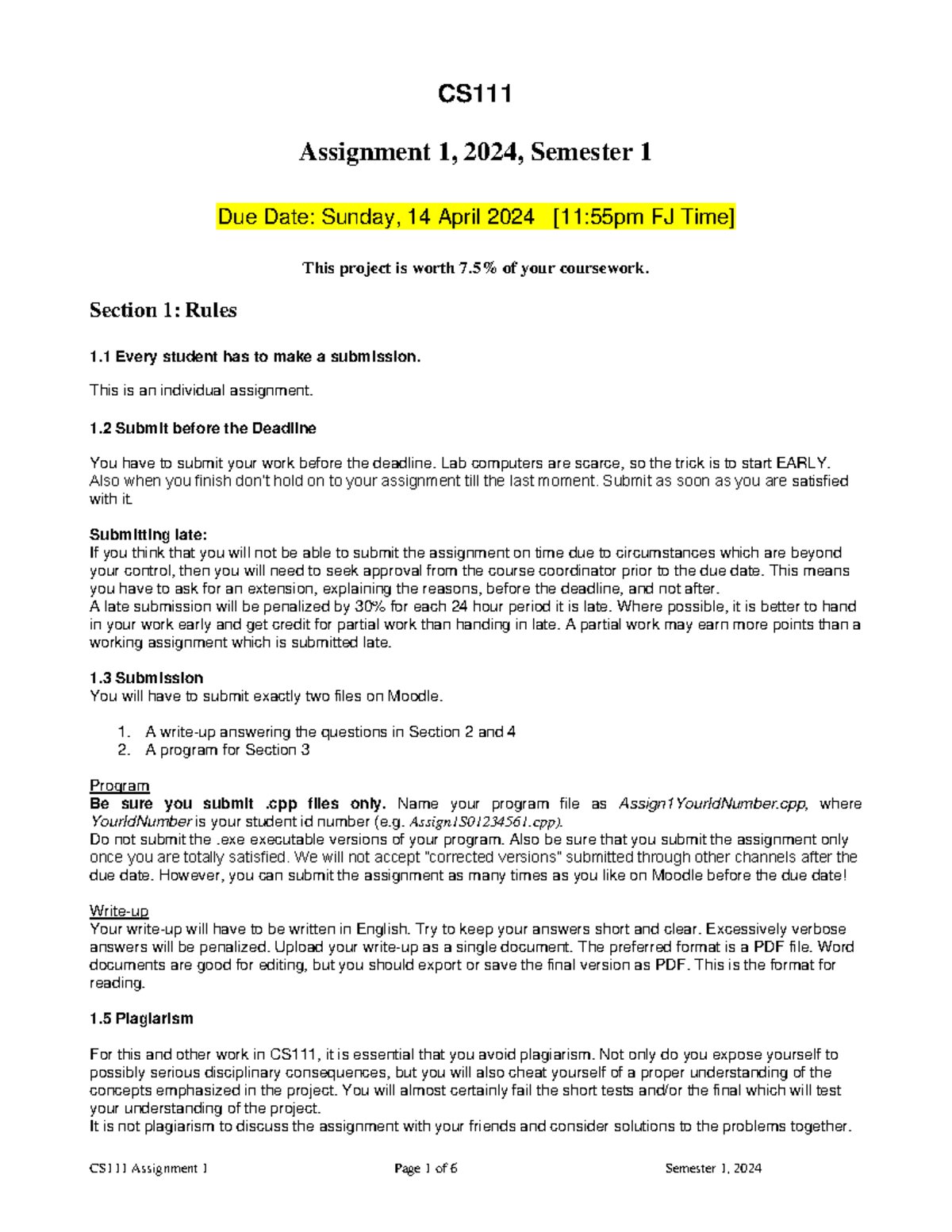 CS111 Assign 1 2024 - CS Assignment 1, 20 24 , Semester 1 Due Date ...
