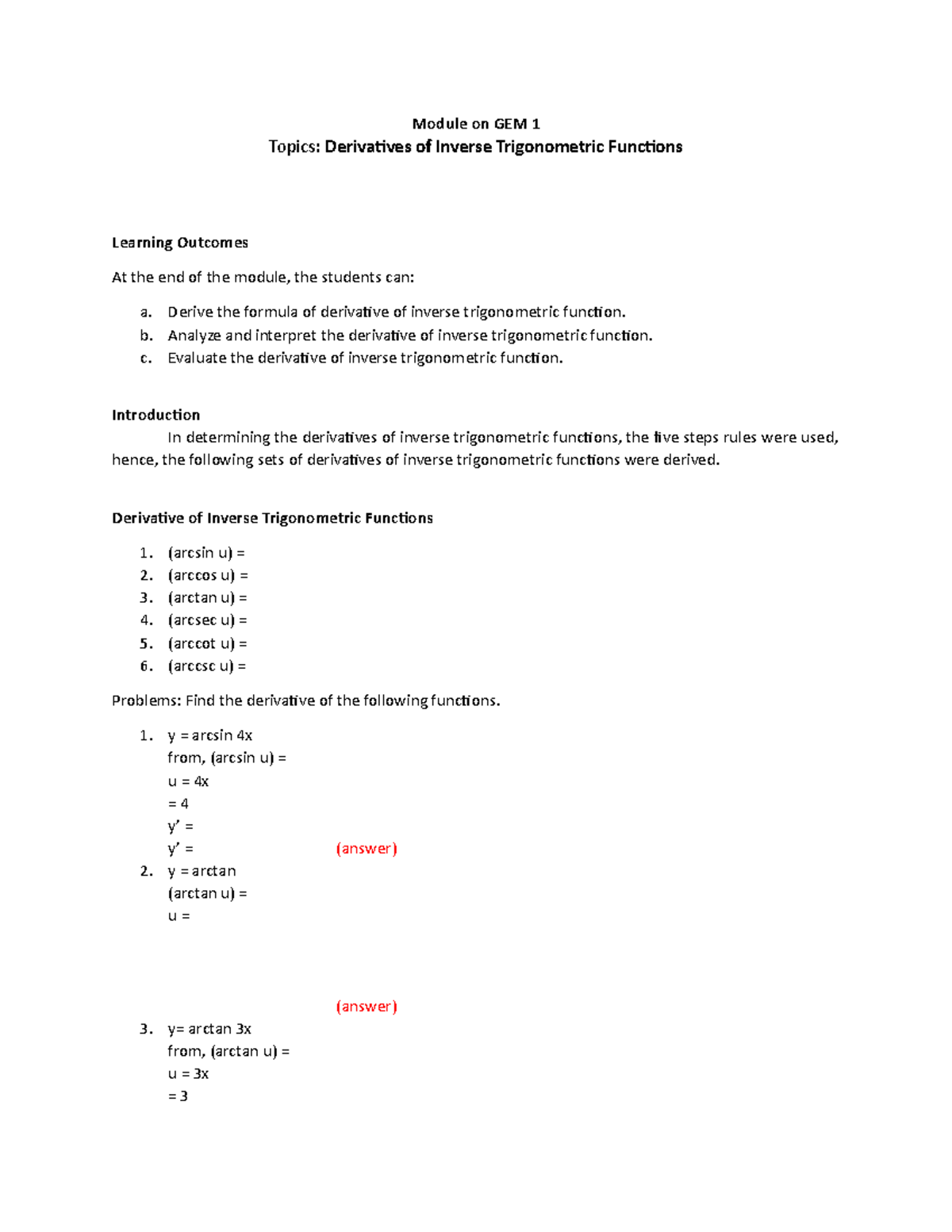 Chemistry trigo functions - Module on GEM 1 Topics: Derivatives of Inverse Trigonometric ...