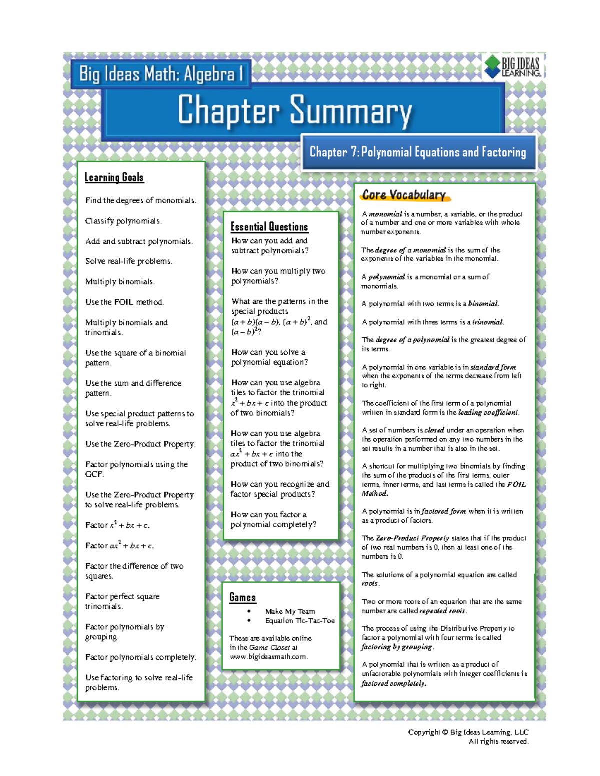 Bts alg1 cs ch07 - Notes - Copyright © Big Ideas Learning, LLC All ...