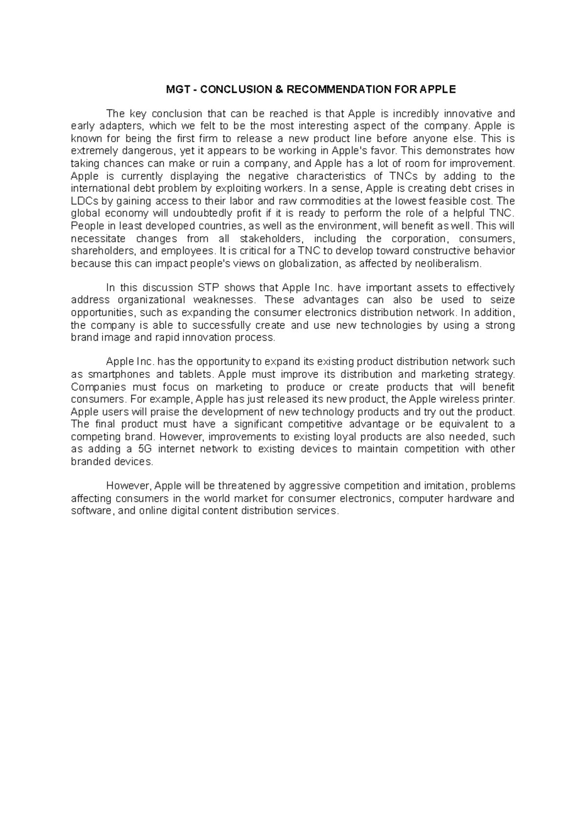 Conclusion & recommendation - MGT - CONCLUSION & RECOMMENDATION FOR ...