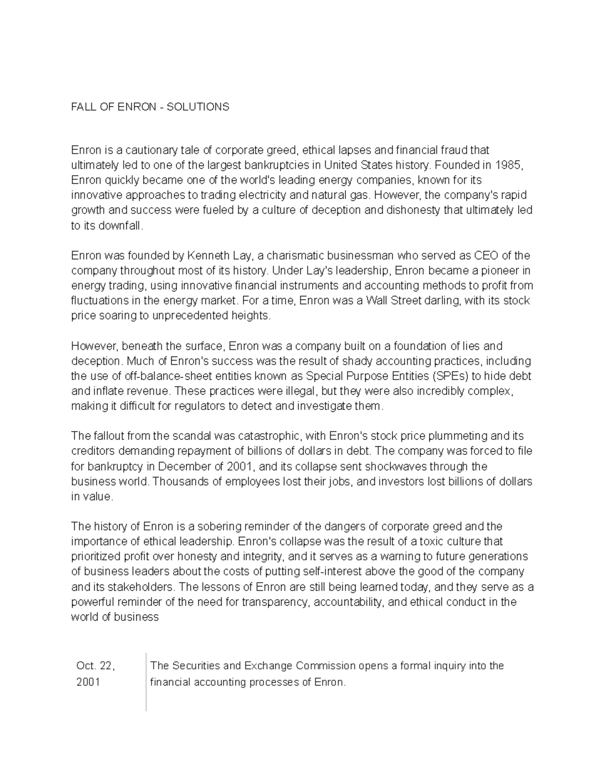 Enron - FALL OF ENRON - SOLUTIONS Enron is a cautionary tale of ...