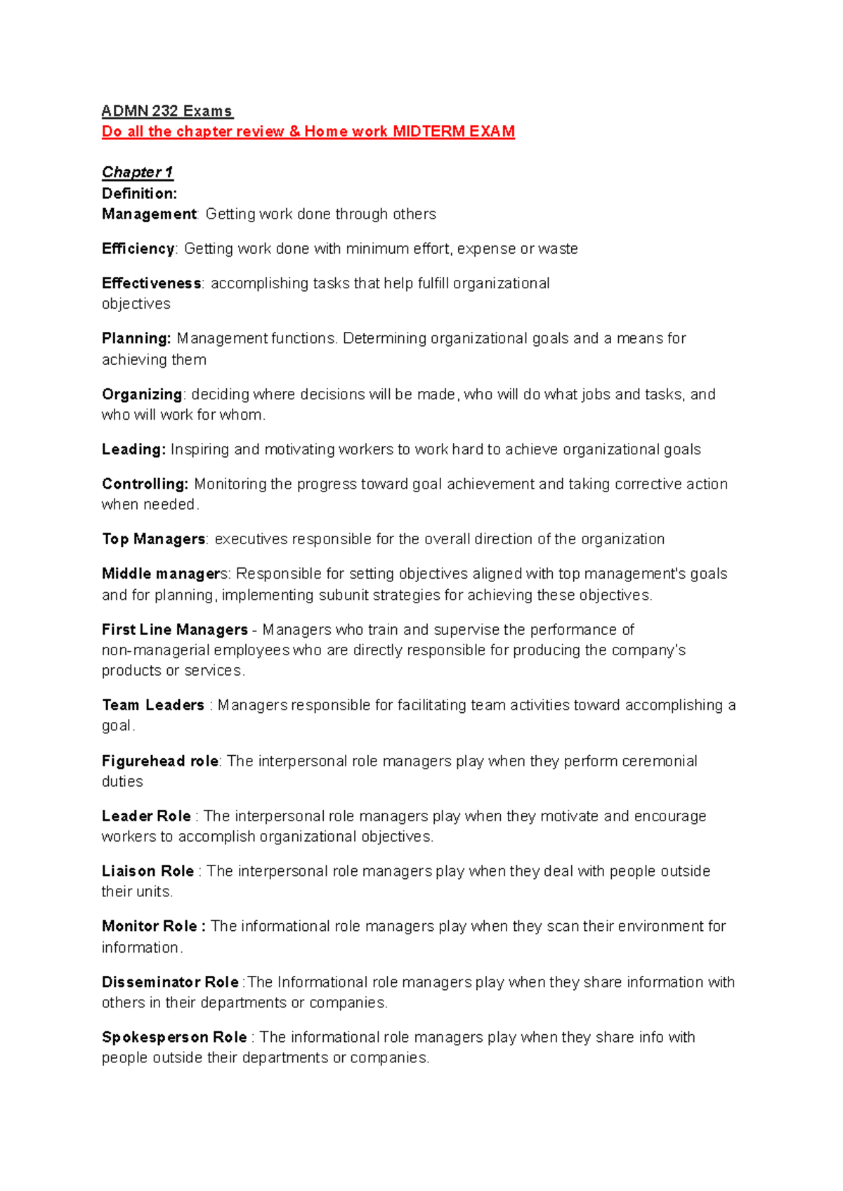 ADMN 232 Exam - ADMN 232 Exams Do all the chapter review & Home work ...