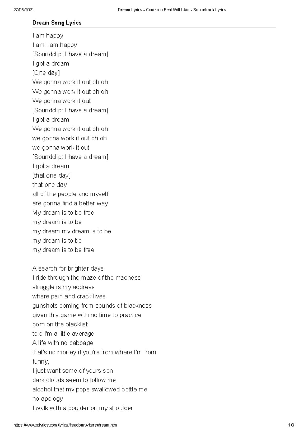 Dream Lyrics - Common Feat Will.I.Am - Soundtrack Lyrics - 27/05/2021 ...