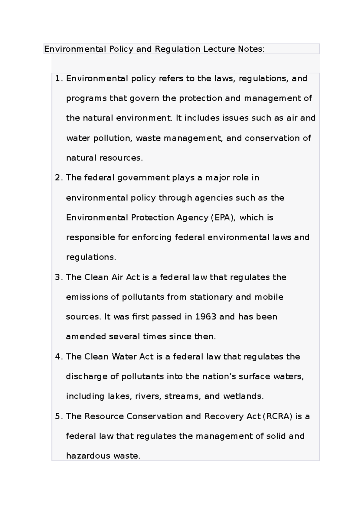 Environmental Policy and Regulation Lecture Notes - Environmental ...