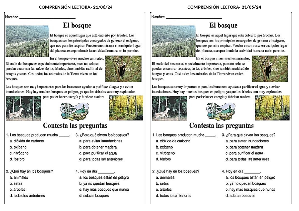 Lectura Viernes 21 - COMPRENSIÓN COMPRENSIÓN Nombre Nombre El bosque El ...