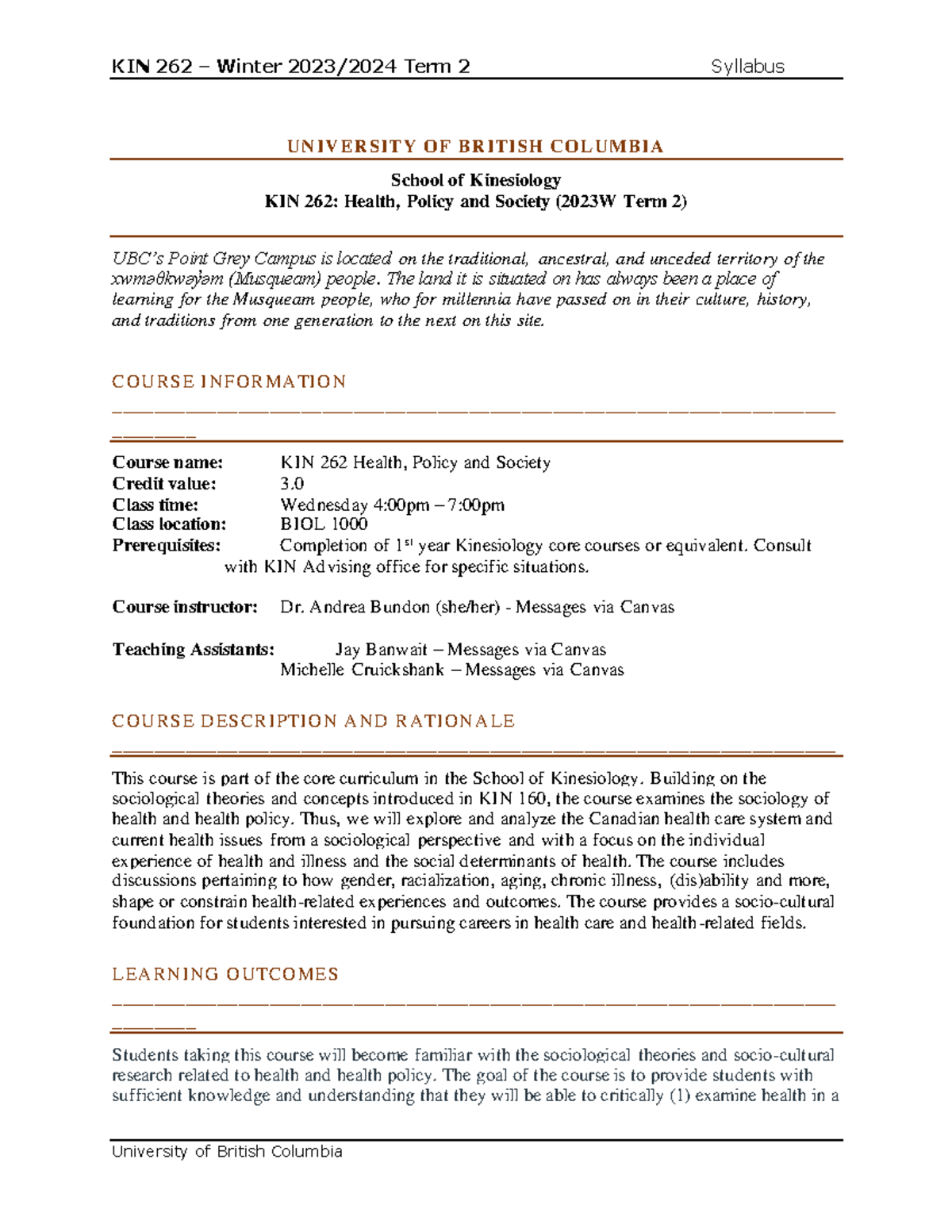 KIN 262 Syllabus 2023-2024 Term 2 (student copy) - UNIVERSITY OF ...