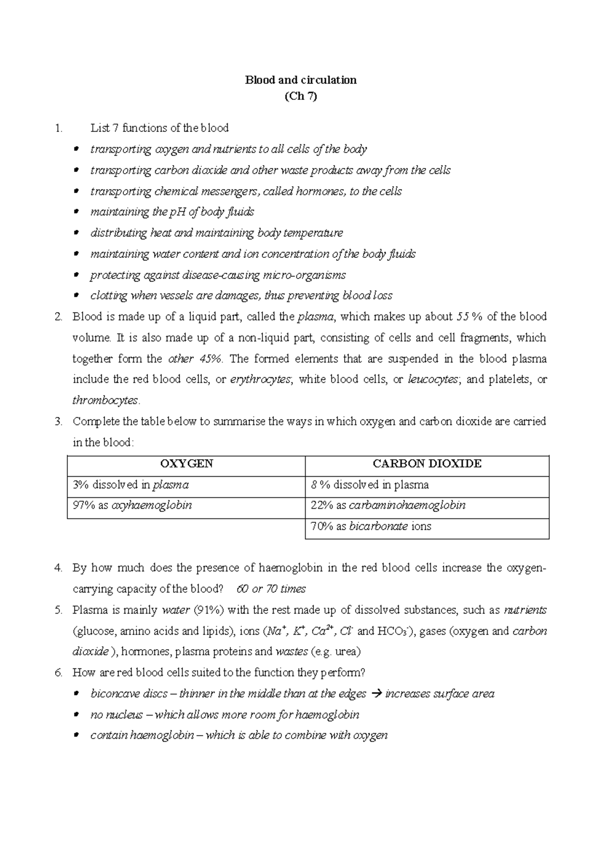 Blood and circulation (ch 7) solution - Blood and circulation (Ch 7 ...