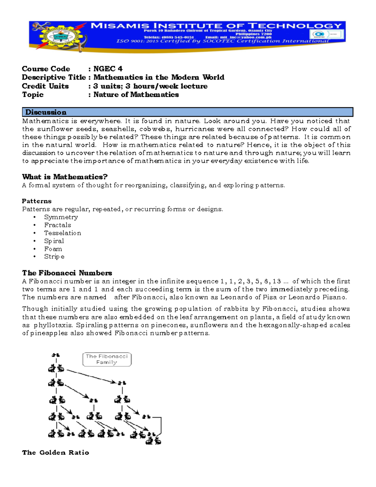 NGEC 4 1 - About the nature of math - Course Code : NGEC 4 Descriptive ...